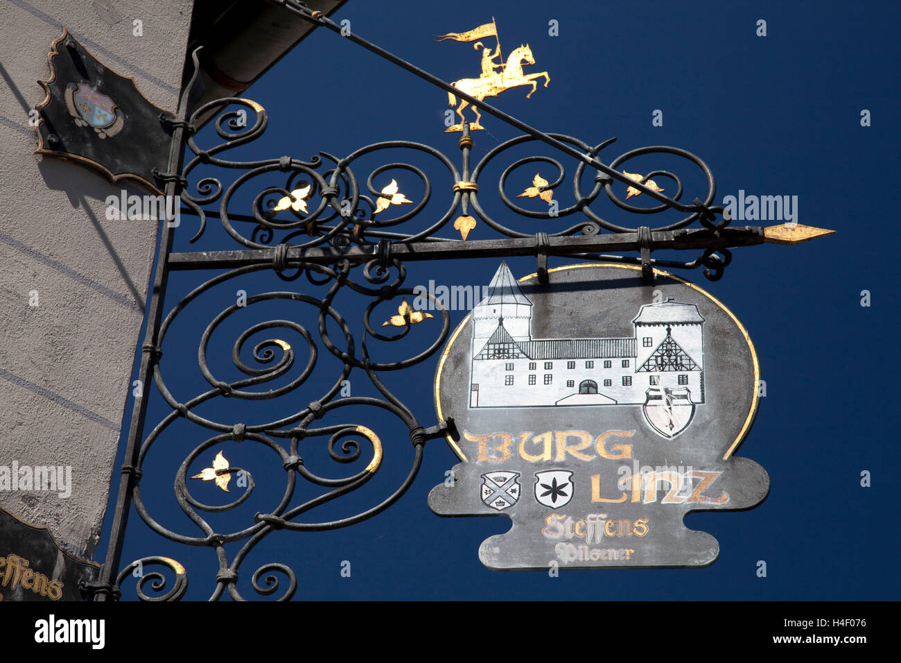 Restaurant sign, Burg Linz castle, Linz am Rhein, Rhineland, Rhineland ...
