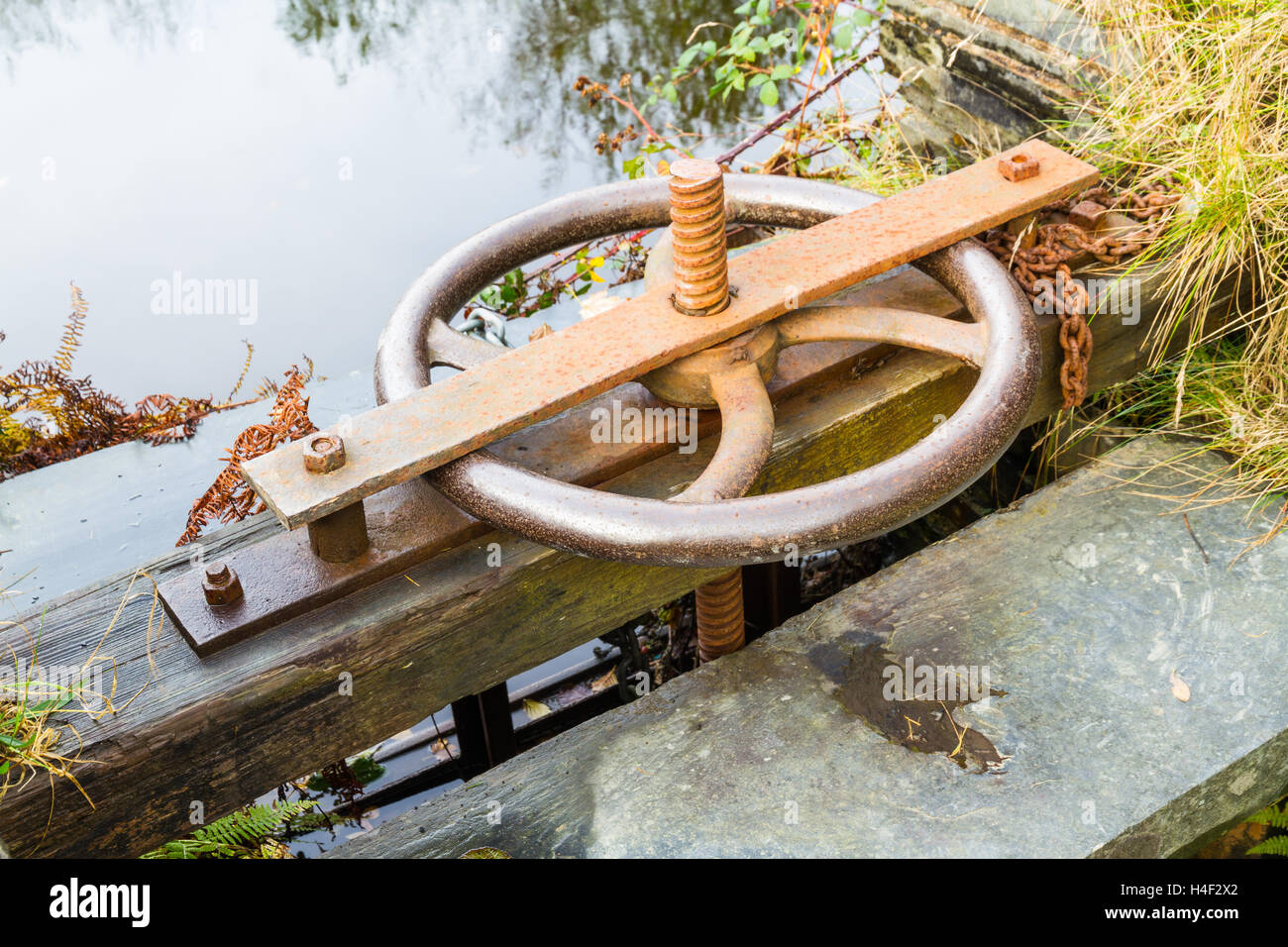 Iron controlling wheel for penstock water control Stock Photo - Alamy