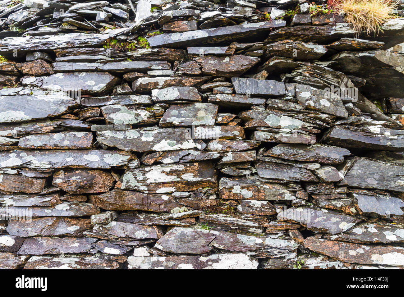 Old weathered dry stone slate wall making background texture Stock ...