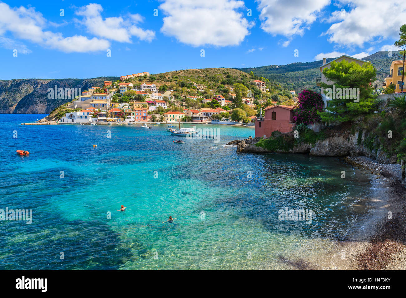 View of Assos village and beautiful beach, Kefalonia island, Greece ...