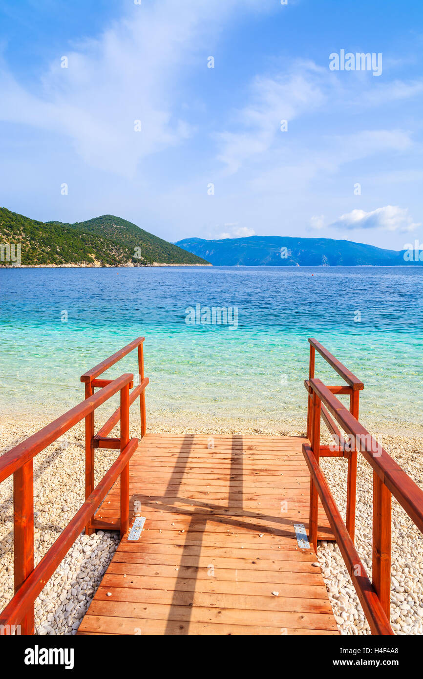 Wooden walkway to beautiful Antisamos beach on Kefalonia island, Greece ...