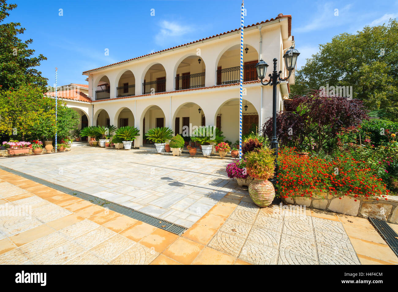 Square with building of old monastery Agios Gerasimos on Kefalonia ...