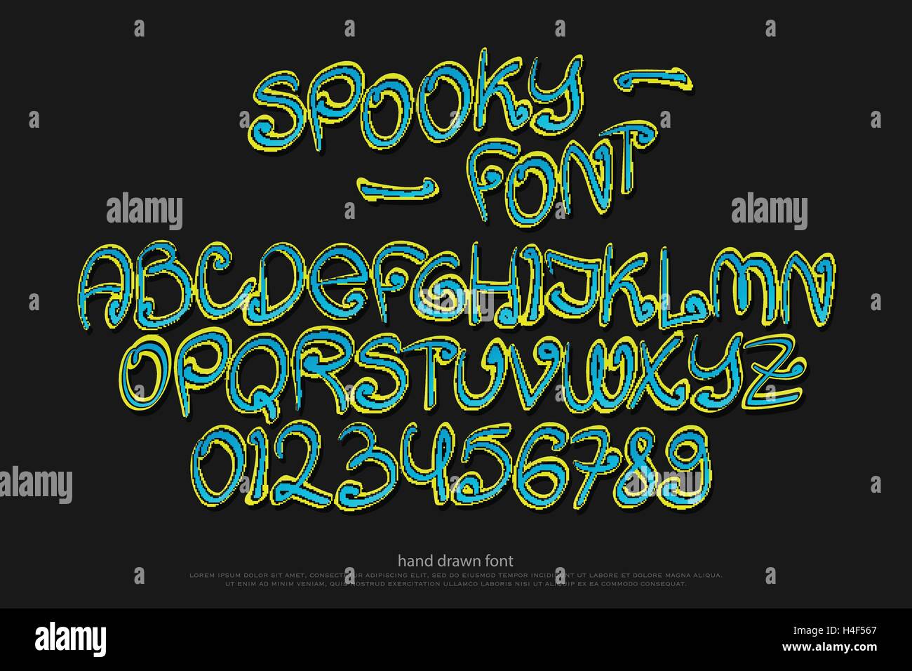 cartoon style alphabet letters and numbers isolated on black background ...