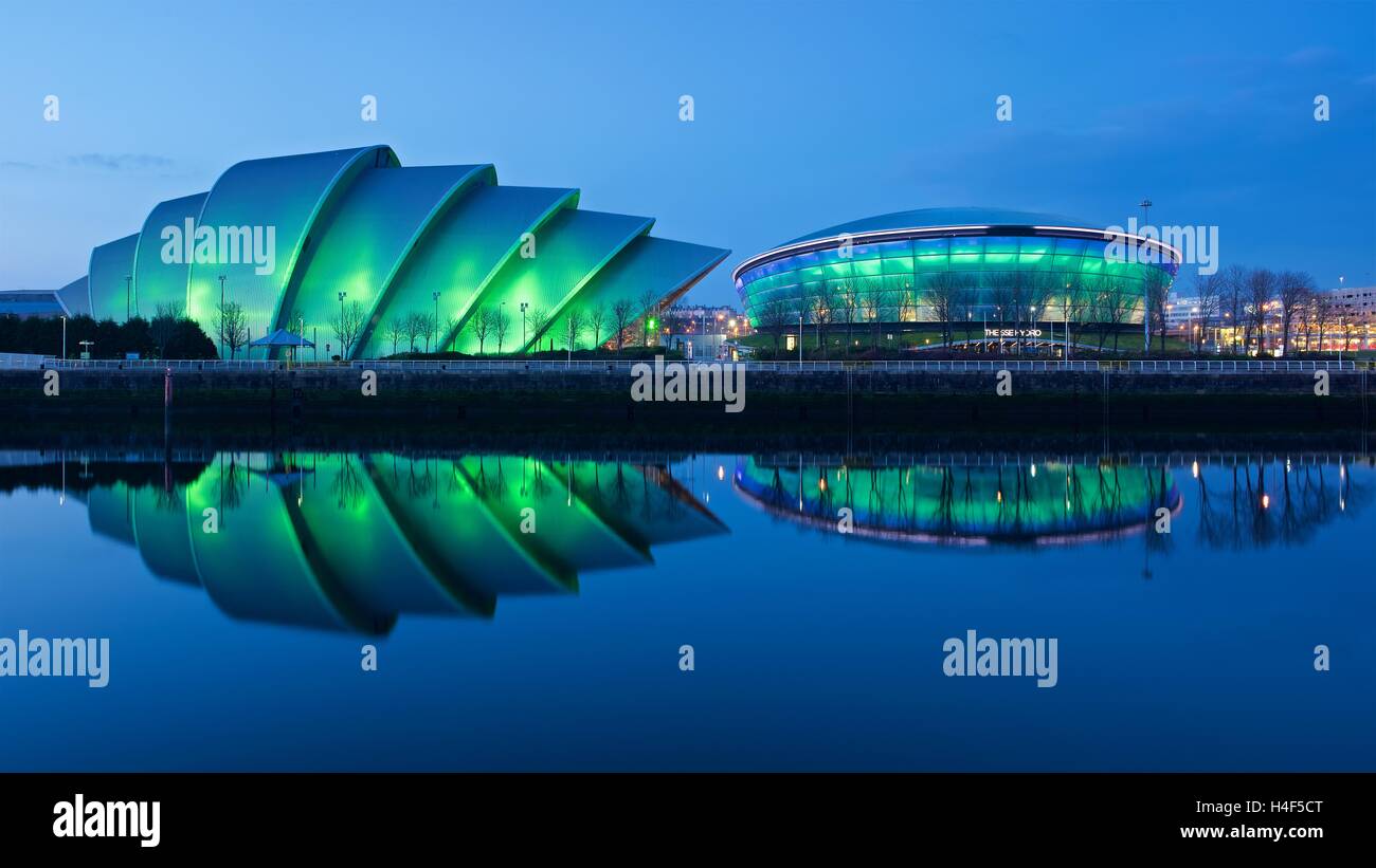 A colour rendition of the famous SECC and SSE hydro lit at night Stock ...