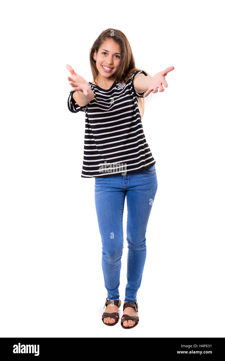 Studio shot of a beautiful woman offering a hug Stock Photo - Alamy