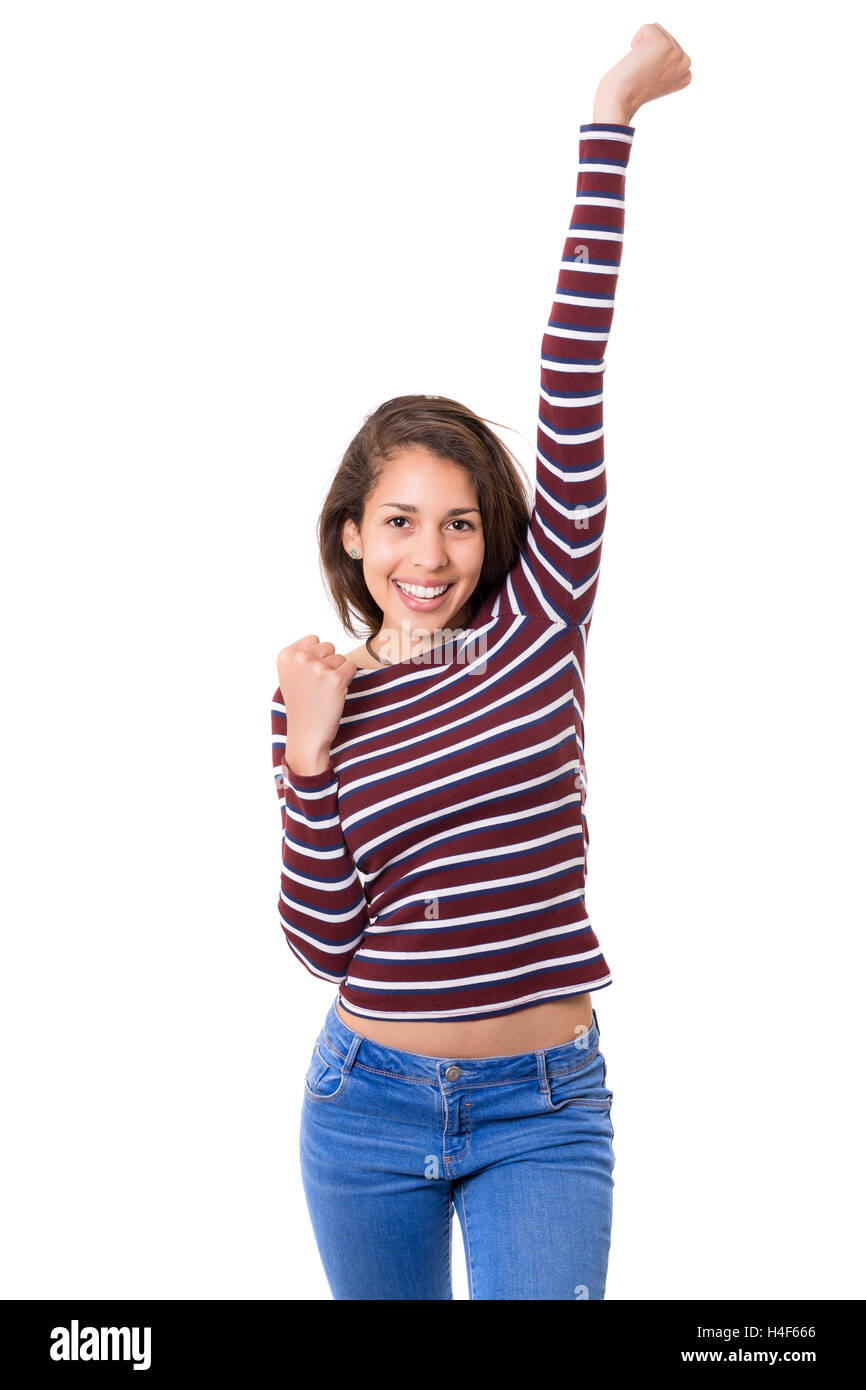 Studio shot: Happy woman with raised arms Stock Photo - Alamy