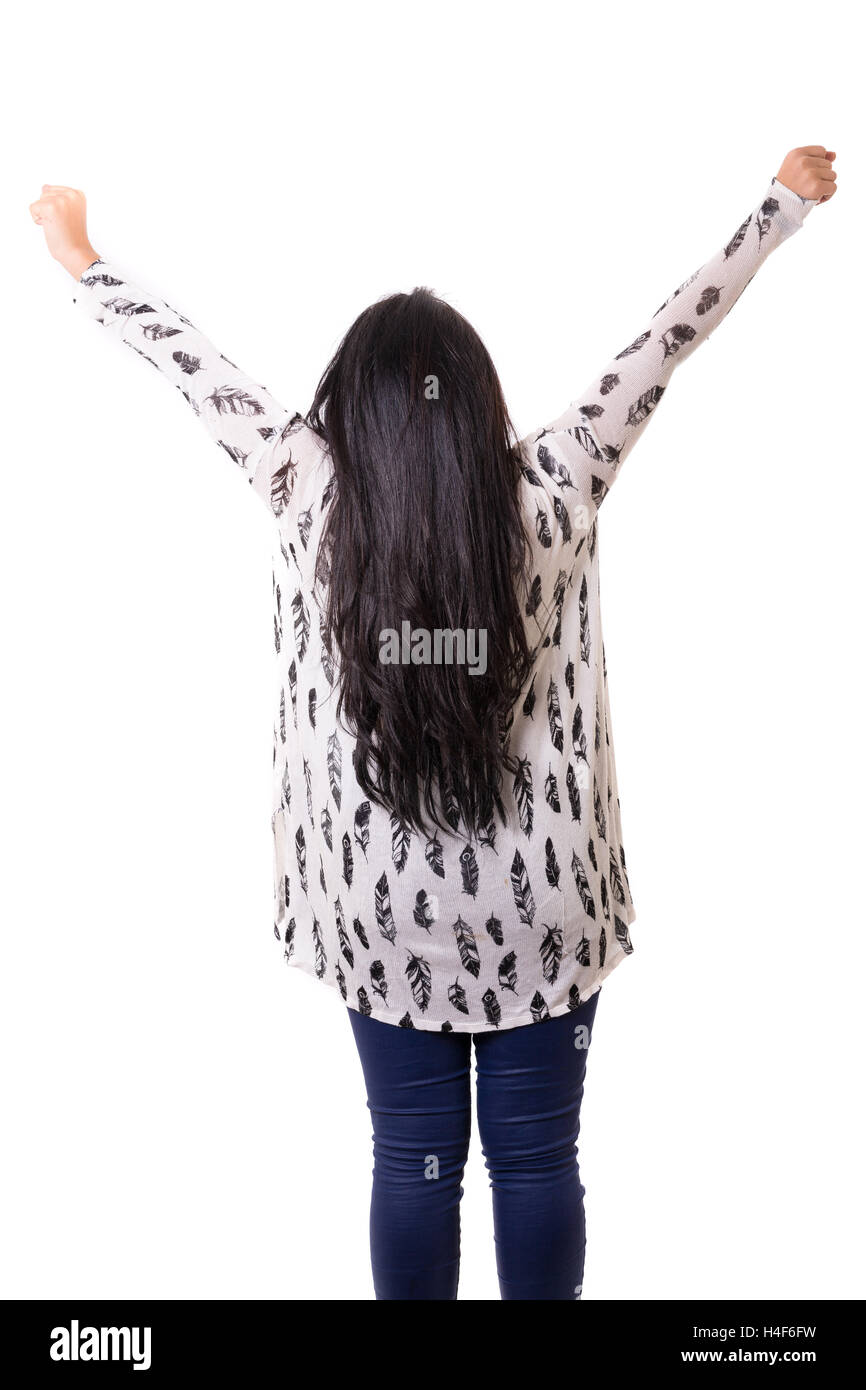 Studio shot: Happy woman with raised arms Stock Photo - Alamy