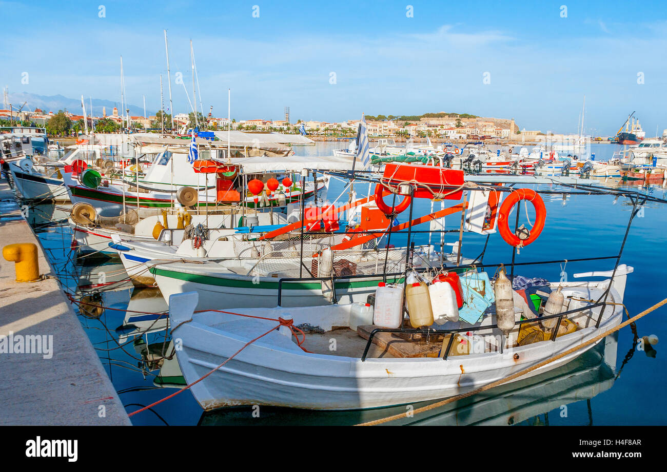 The fishing boats occupy many piers in the new port of Rethymno, Crete ...
