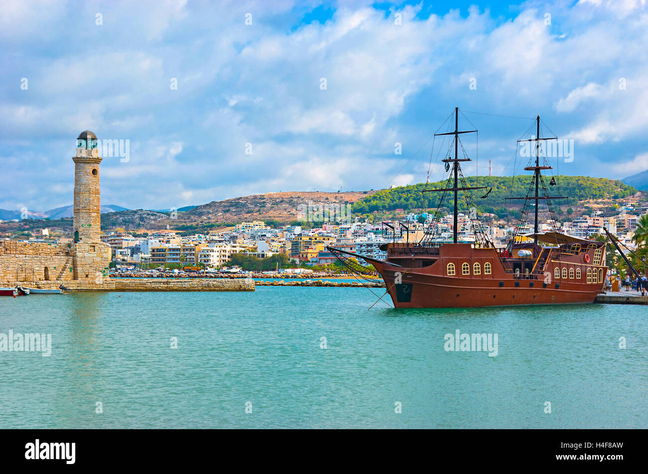 The replica of medieval ship in the Old Venetian Harbour of Rethymno ...