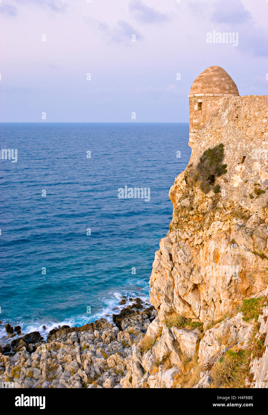 The stone rampart of medieval citadel with the small defensive tower ...