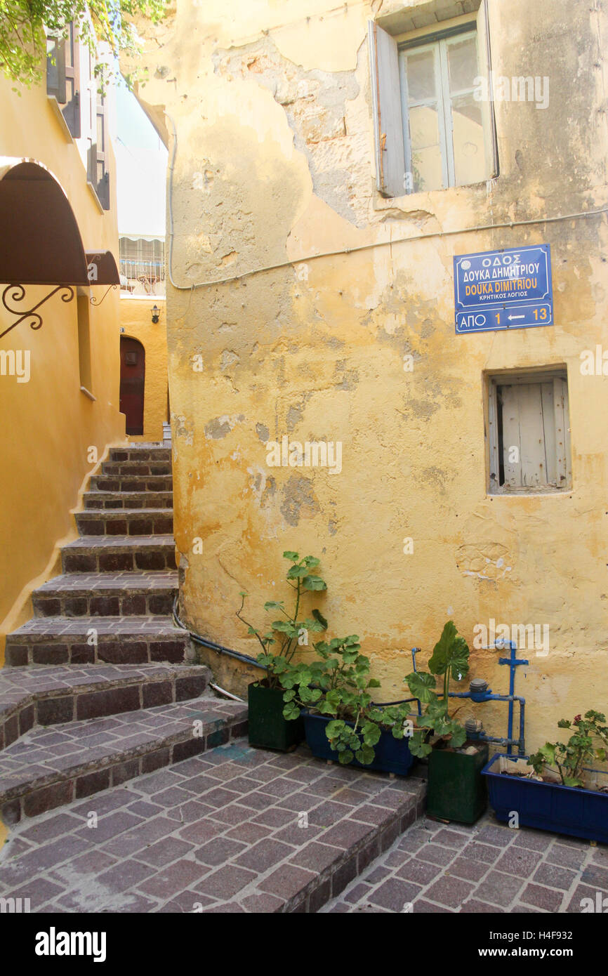 Narrow street with steps, Chania, Crete, Greece Stock Photo - Alamy