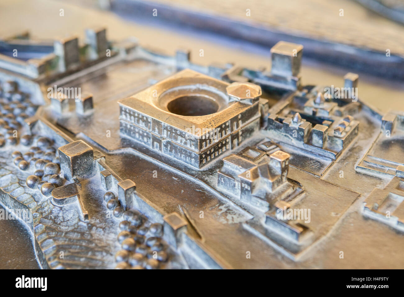 Historical reenactment on Bronze scale model of Alhambra, Spain. Palace ...