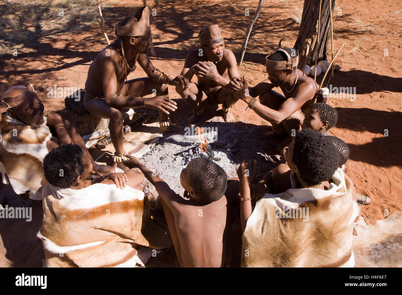 bushmen san sat aroung a campfire in a camp in central kalahari in ...