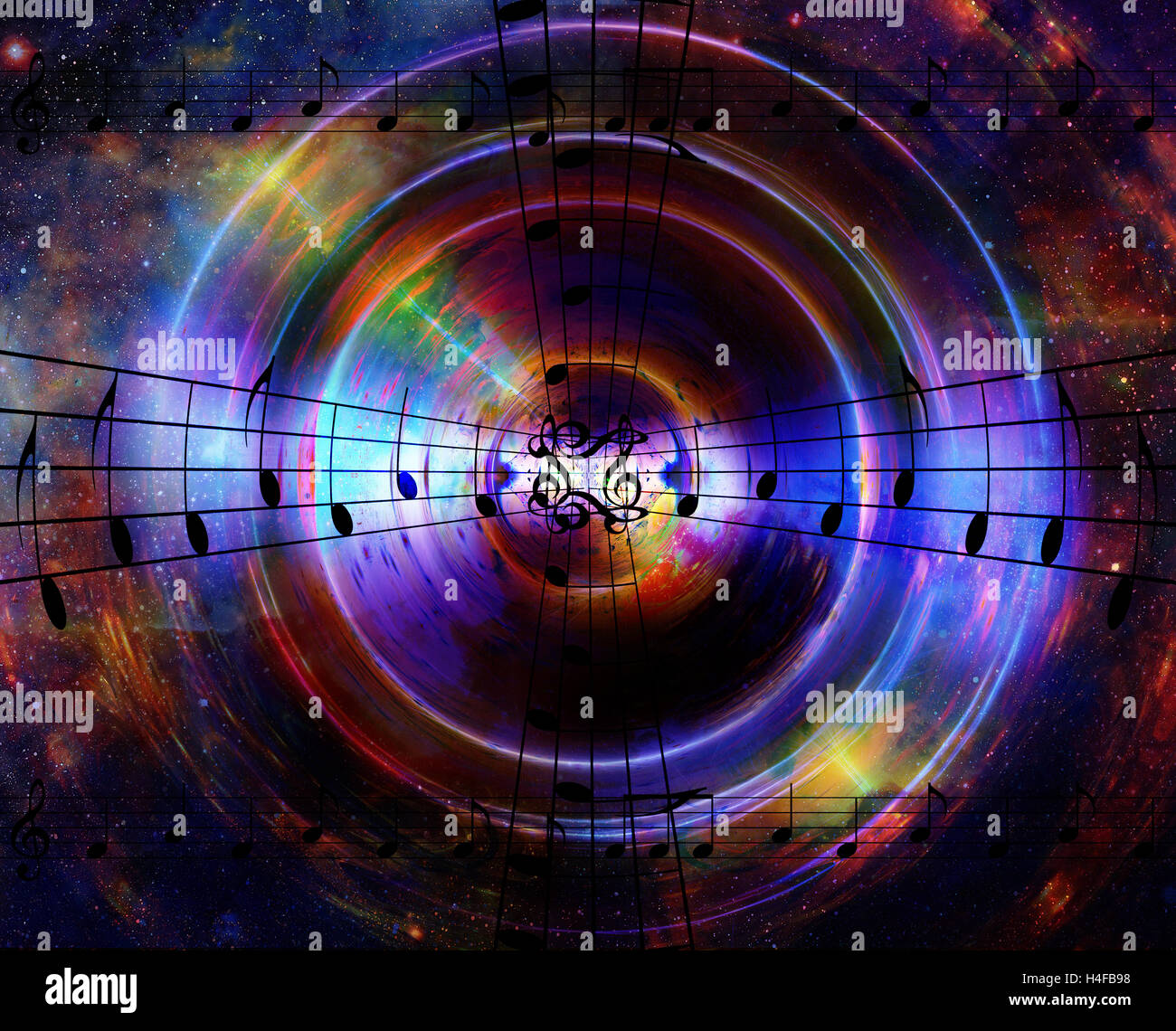 music notes and silhouette of music speaker in space with stars ...