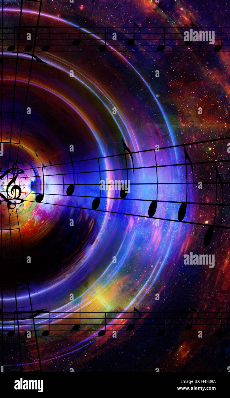 music notes and silhouette of music speaker in space with stars ...