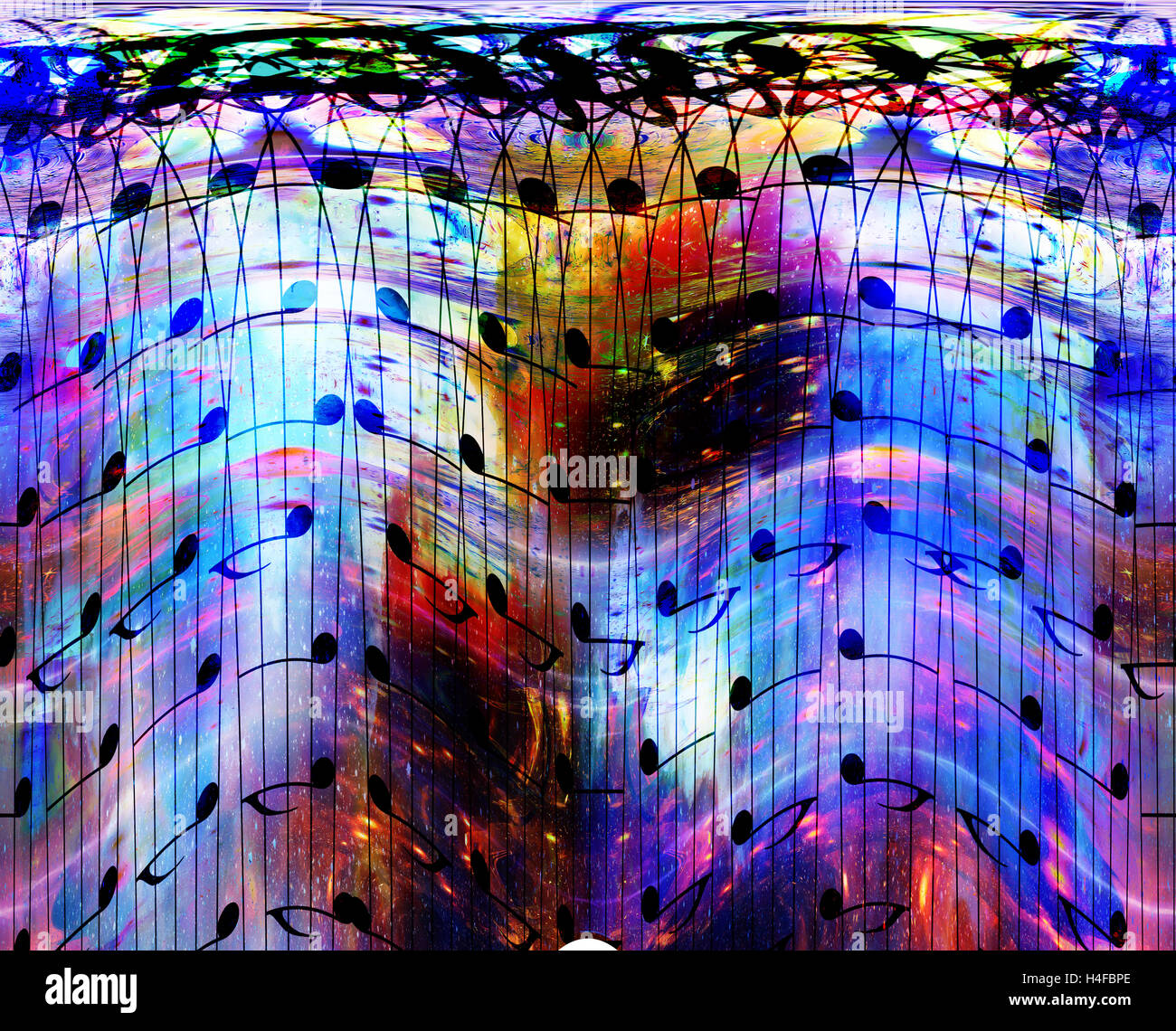 wavy music notes in space with stars. abstract color background. Music ...