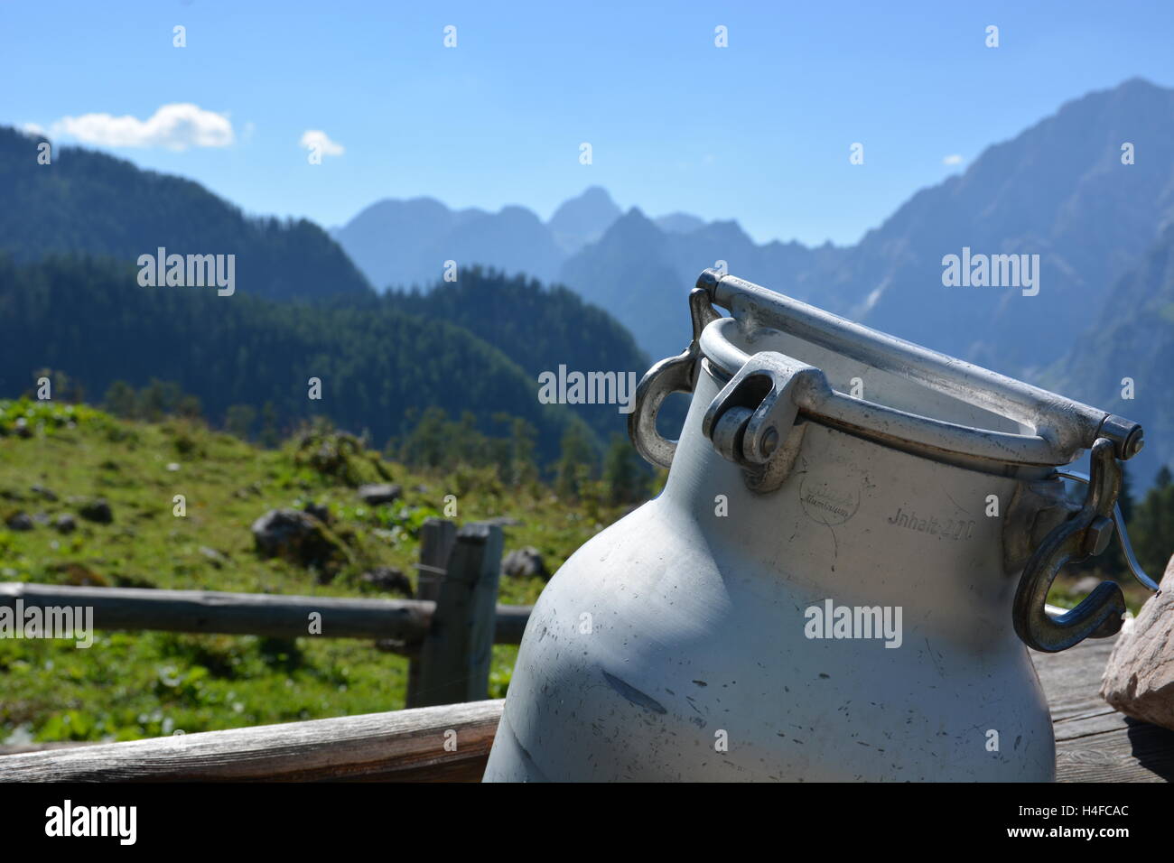 Berchtesgaden, Germany - August 26, 2016 - Milk can in front of ...