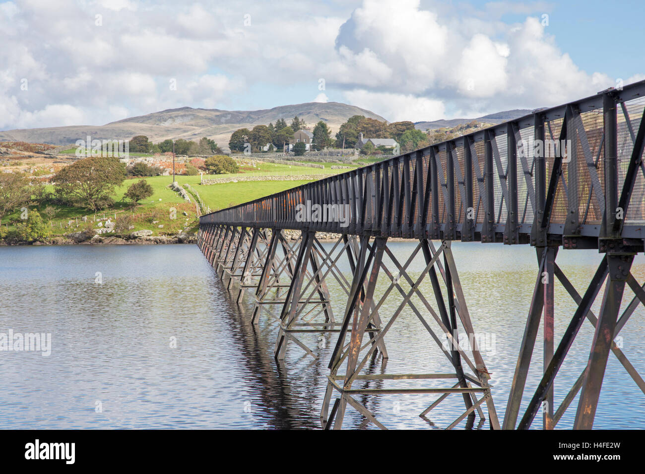 Footbridge over Trawsfynydd or Traws lake, Snowdonia National Park ...