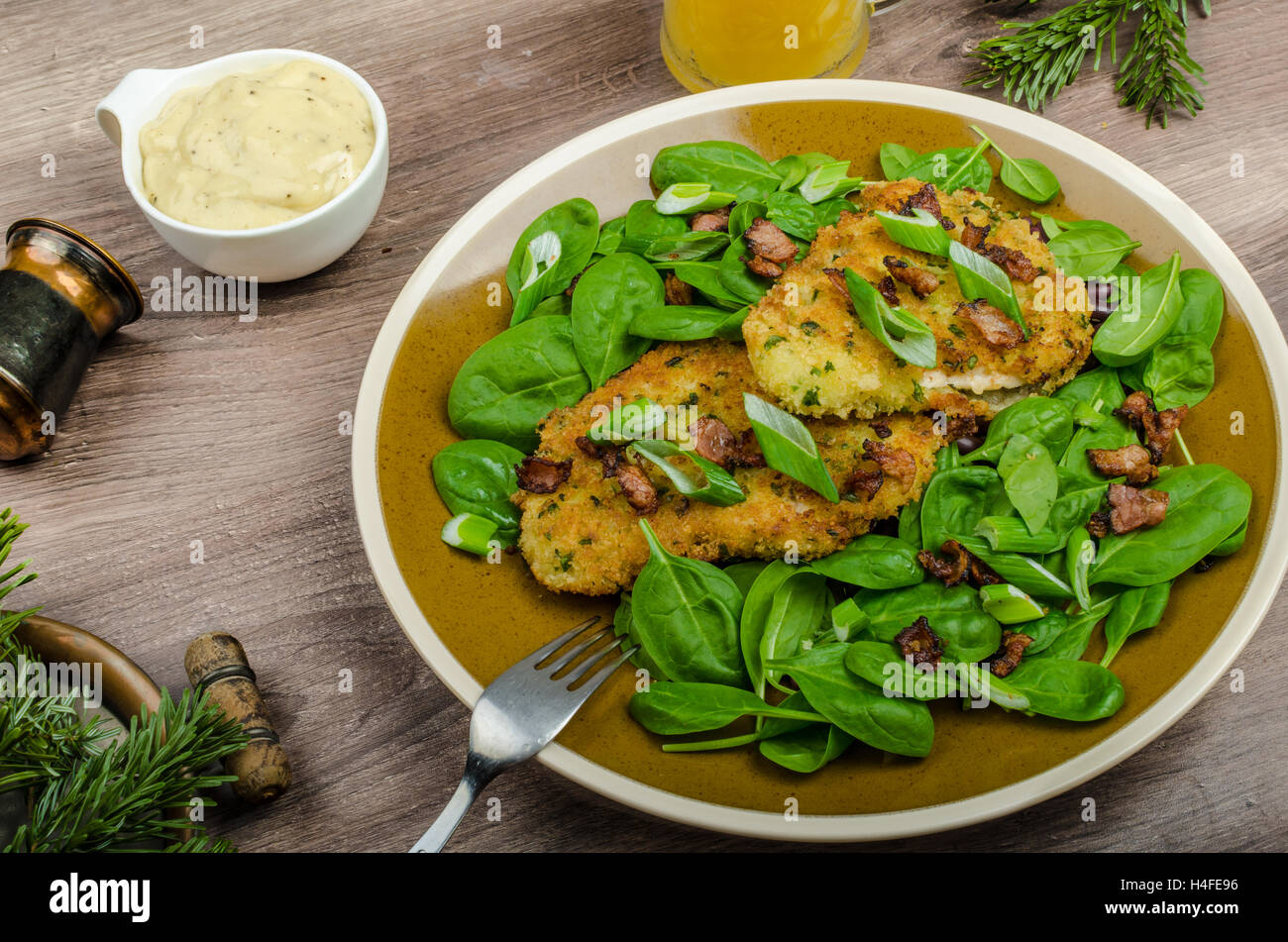 Rabbit steaks with herbs and sour cream, mustard mayonnaise, sprinkled ...