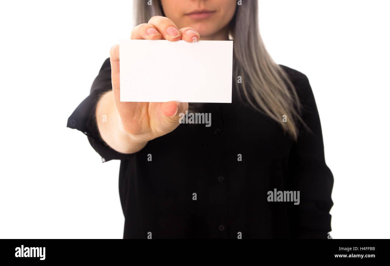 Woman showing white card Stock Photo - Alamy