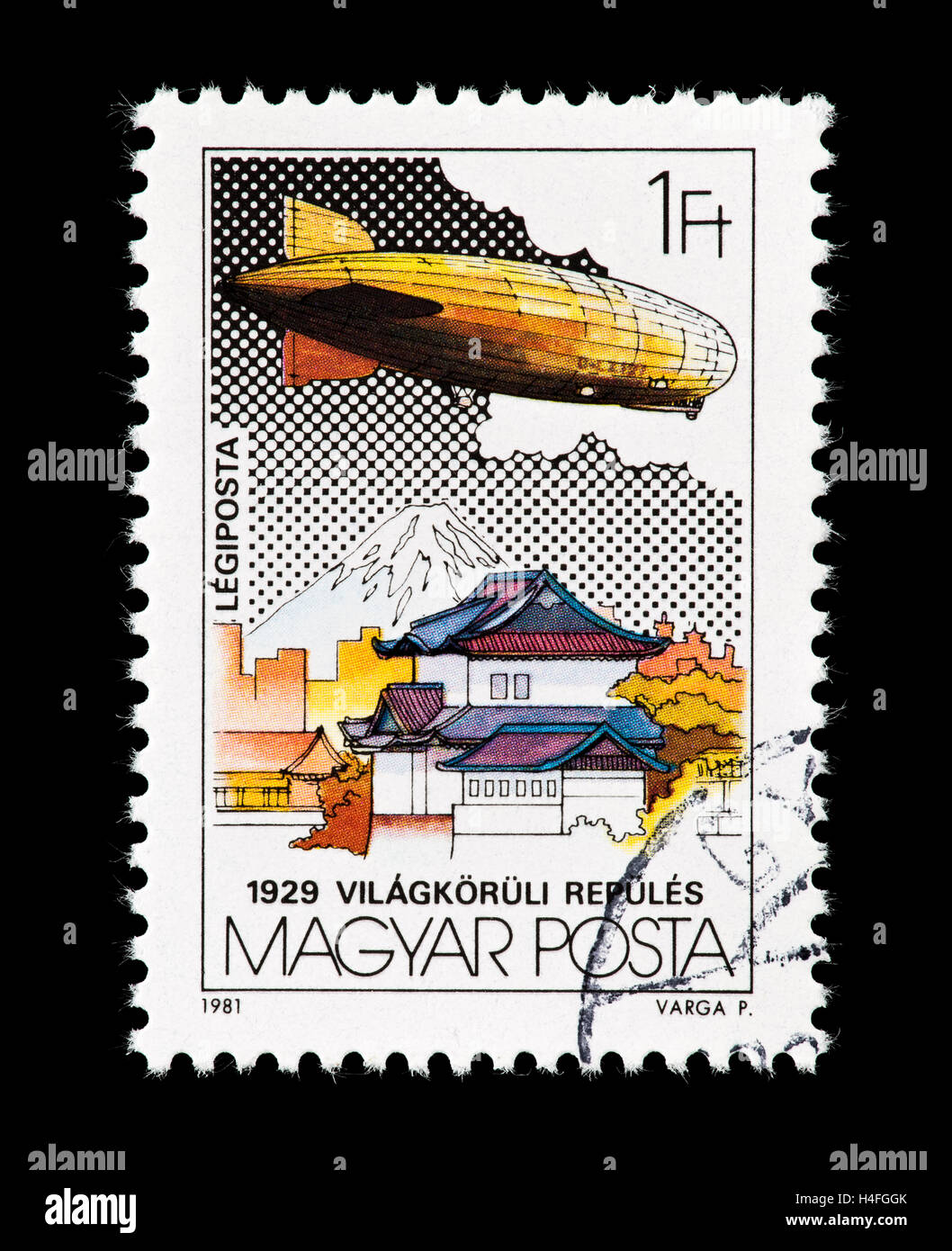 Postage stamp from Hungary depicting the Graf Zeppelin over Tokyo ...