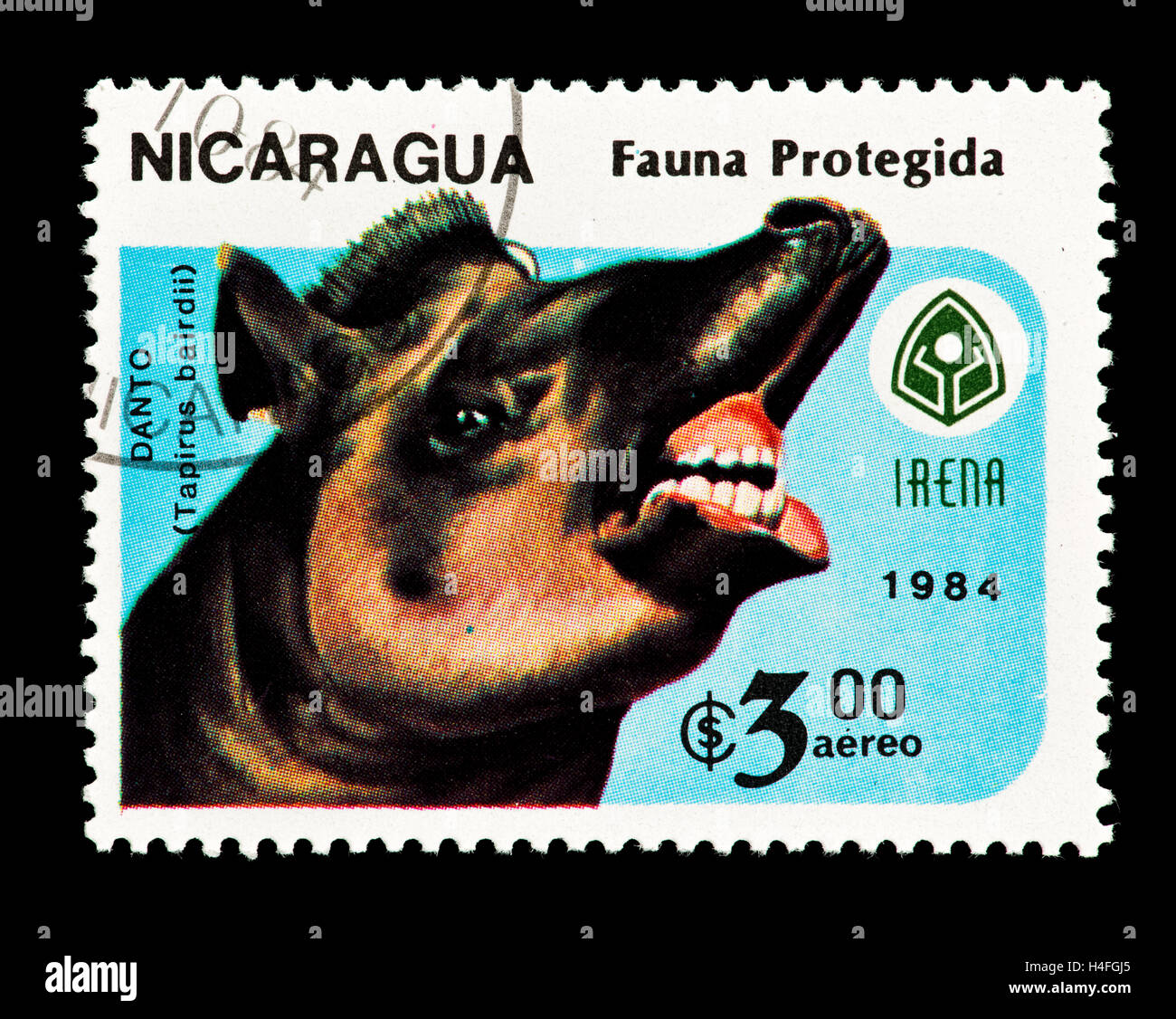 Postage stamp from Nicaragua depicting a Baird's tapir (Tapirus bairdii ...