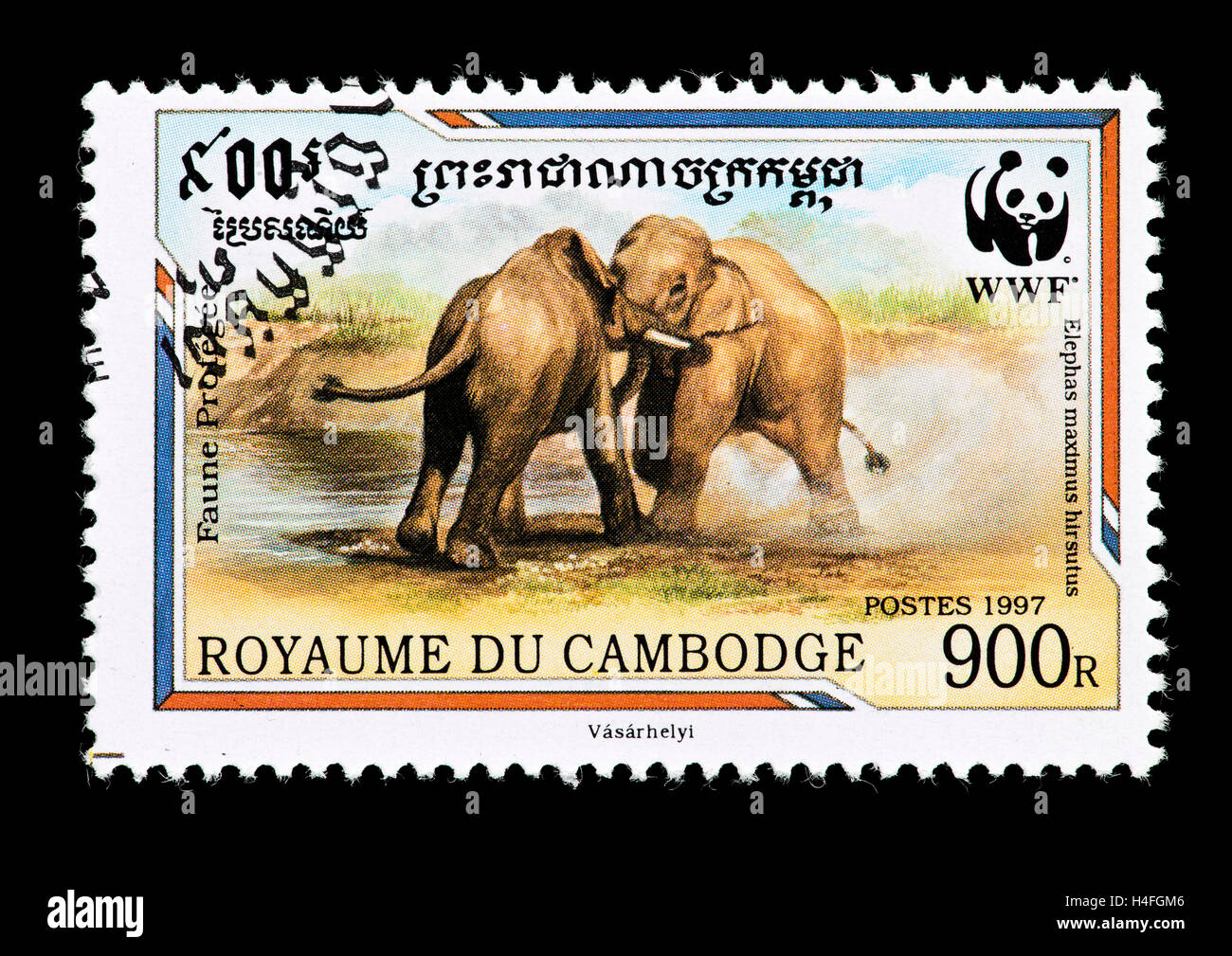 Postage stamp from Cambodia depicting Asian elephants (Elephas maximus ...