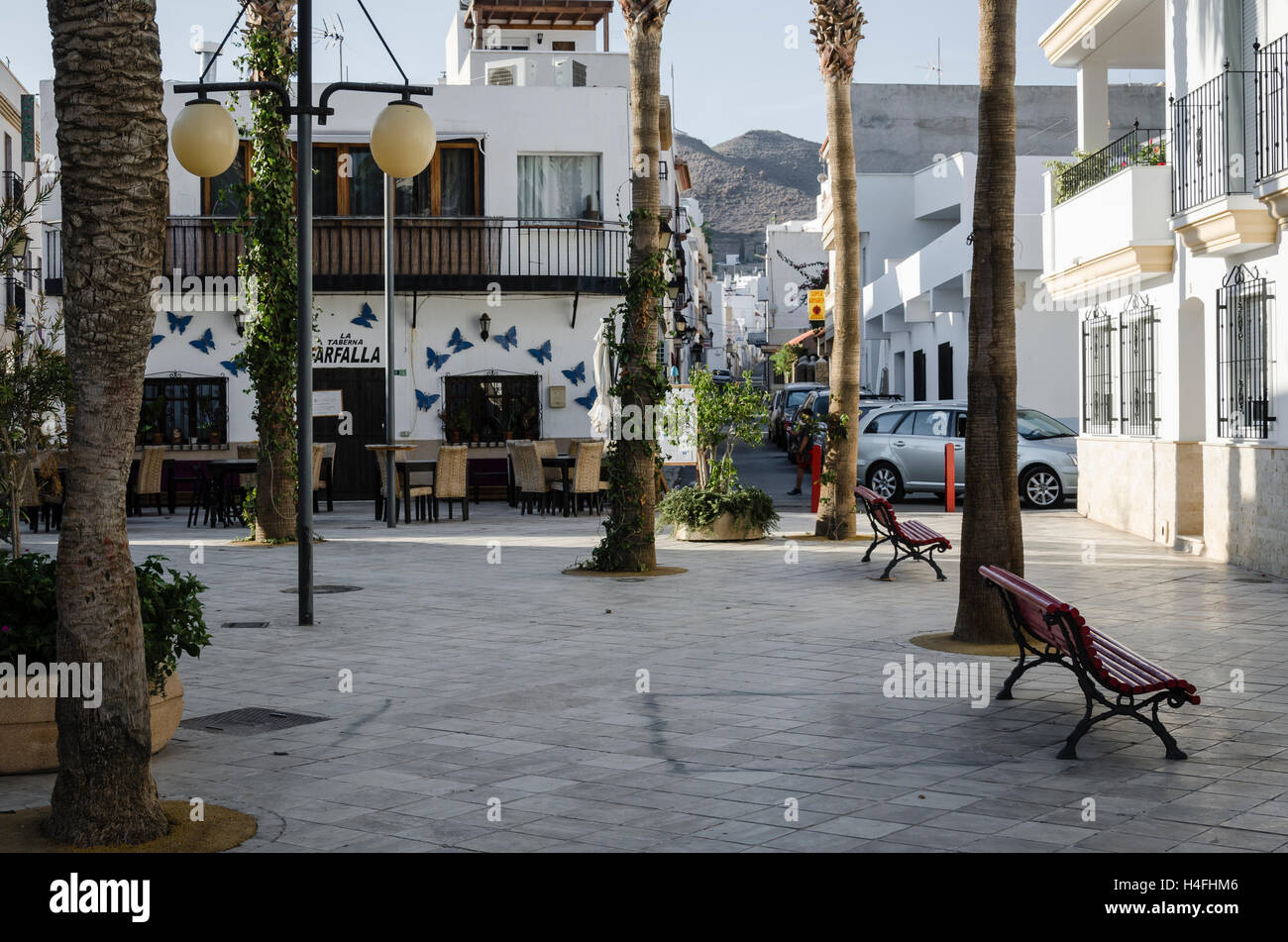 View of a palm trees in a street of Carboneras, Almería, Spain Stock ...