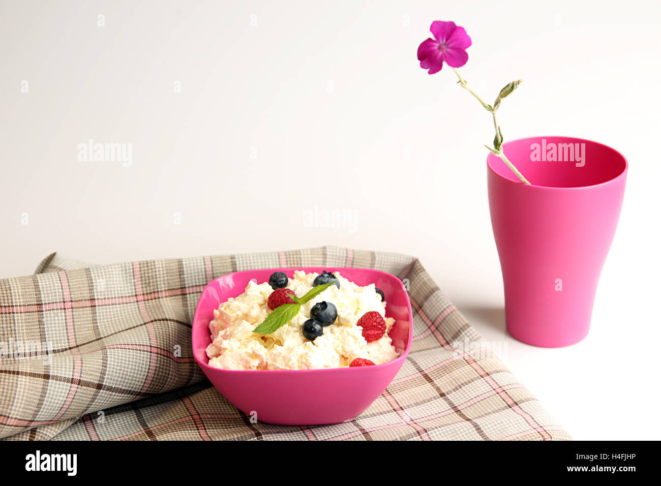 Cottage cheese in pink plastic bowl decorated mint and berry. On white ...