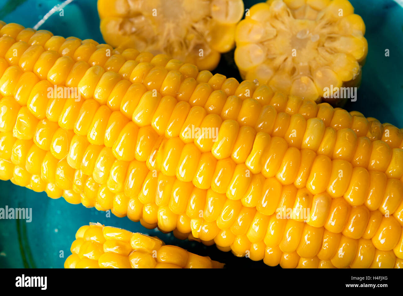 Boiled corn on deep blue plate. Closeup Stock Photo - Alamy