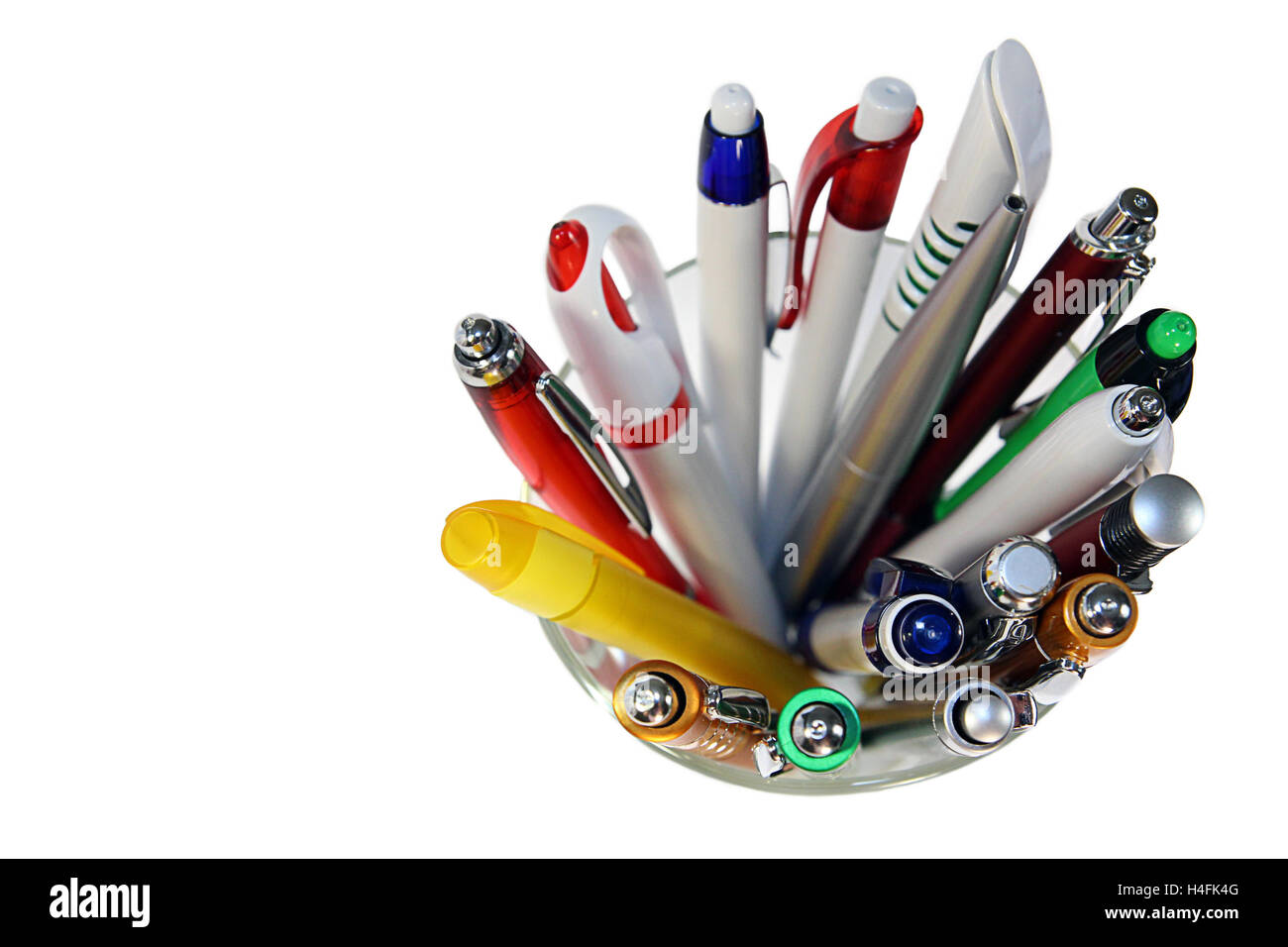 Ballpoint pens set of different types and colours in the glass Stock ...