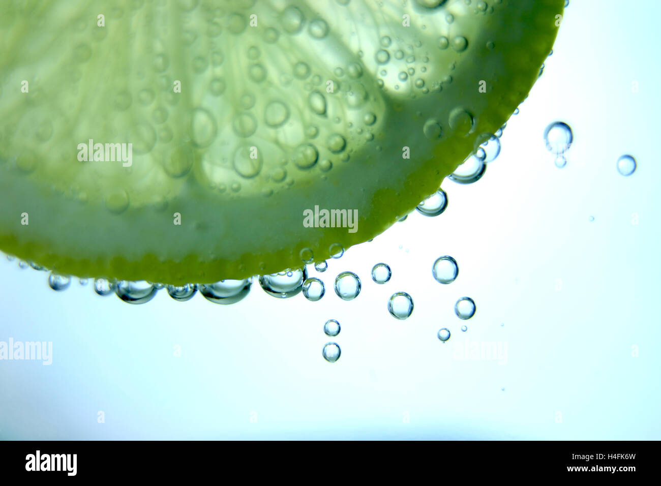 Slice of the lemon with bubbles on the light blue background Stock ...
