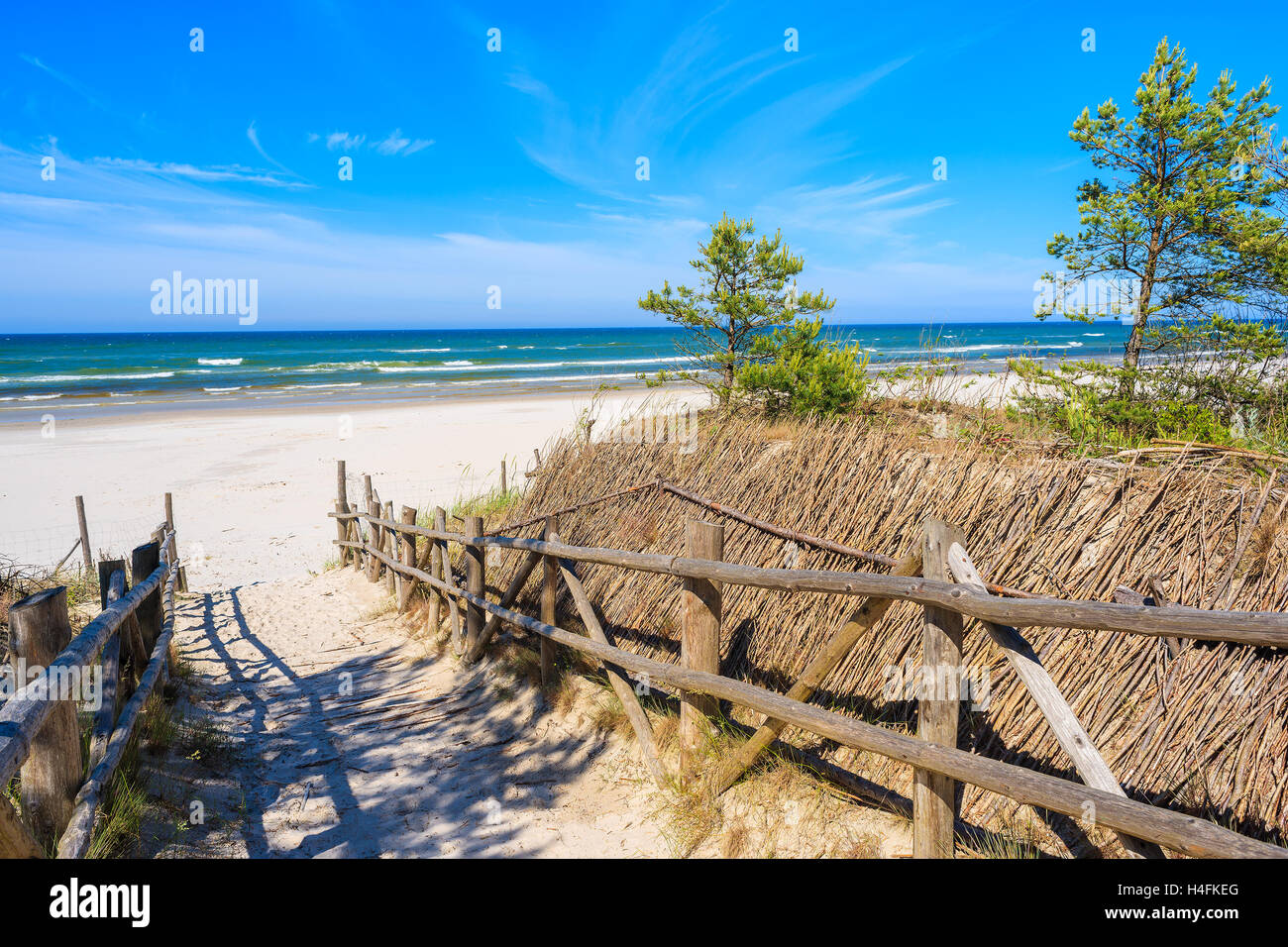 Entrance to beautiful sandy beach in Debki coastal village, Baltic Sea ...