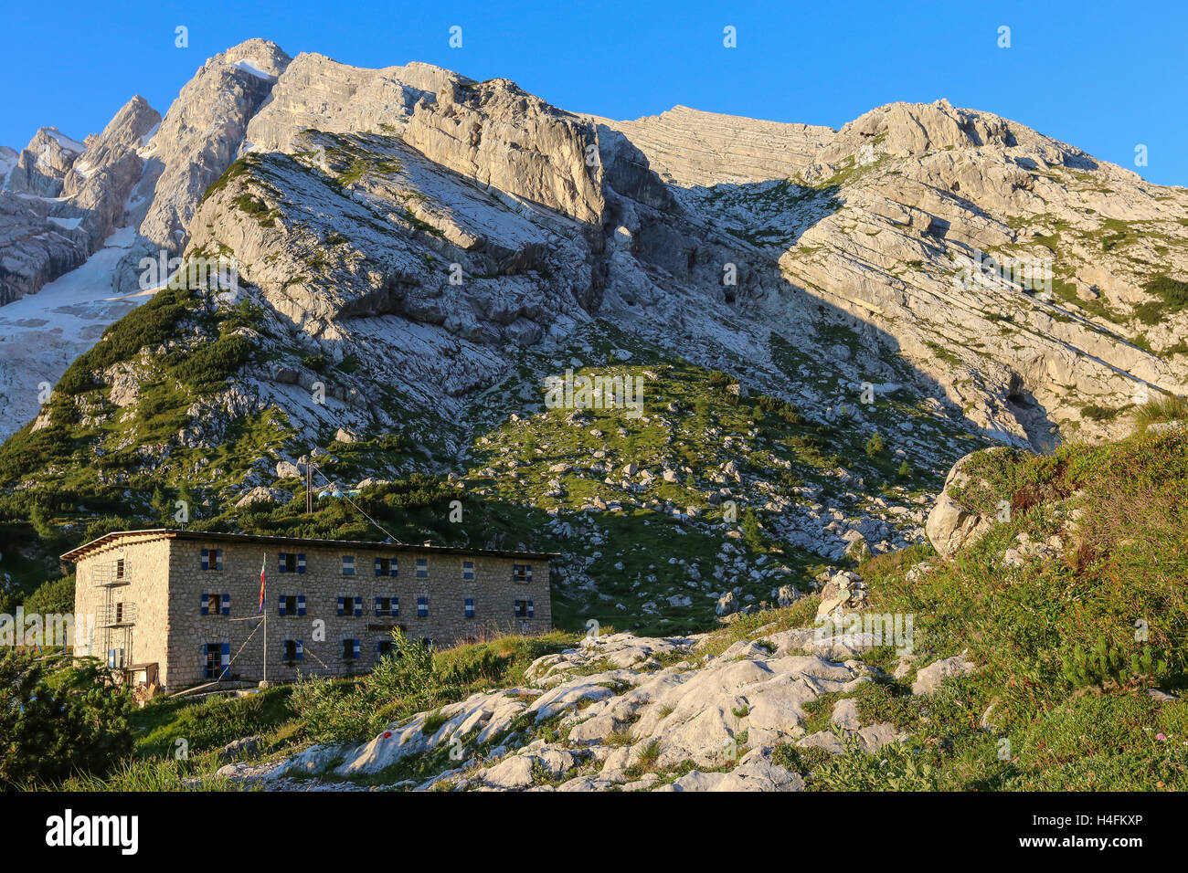 Rifugio Galassi alpine refuge in Monte Antelao mountain massif. The ...