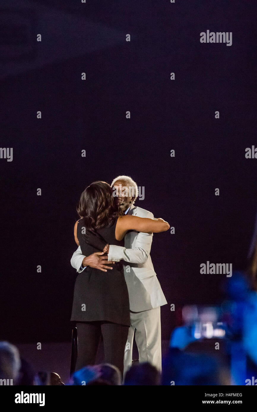 First Lady Michelle Obama hugs Morgan Freeman during the Invictus Games ...