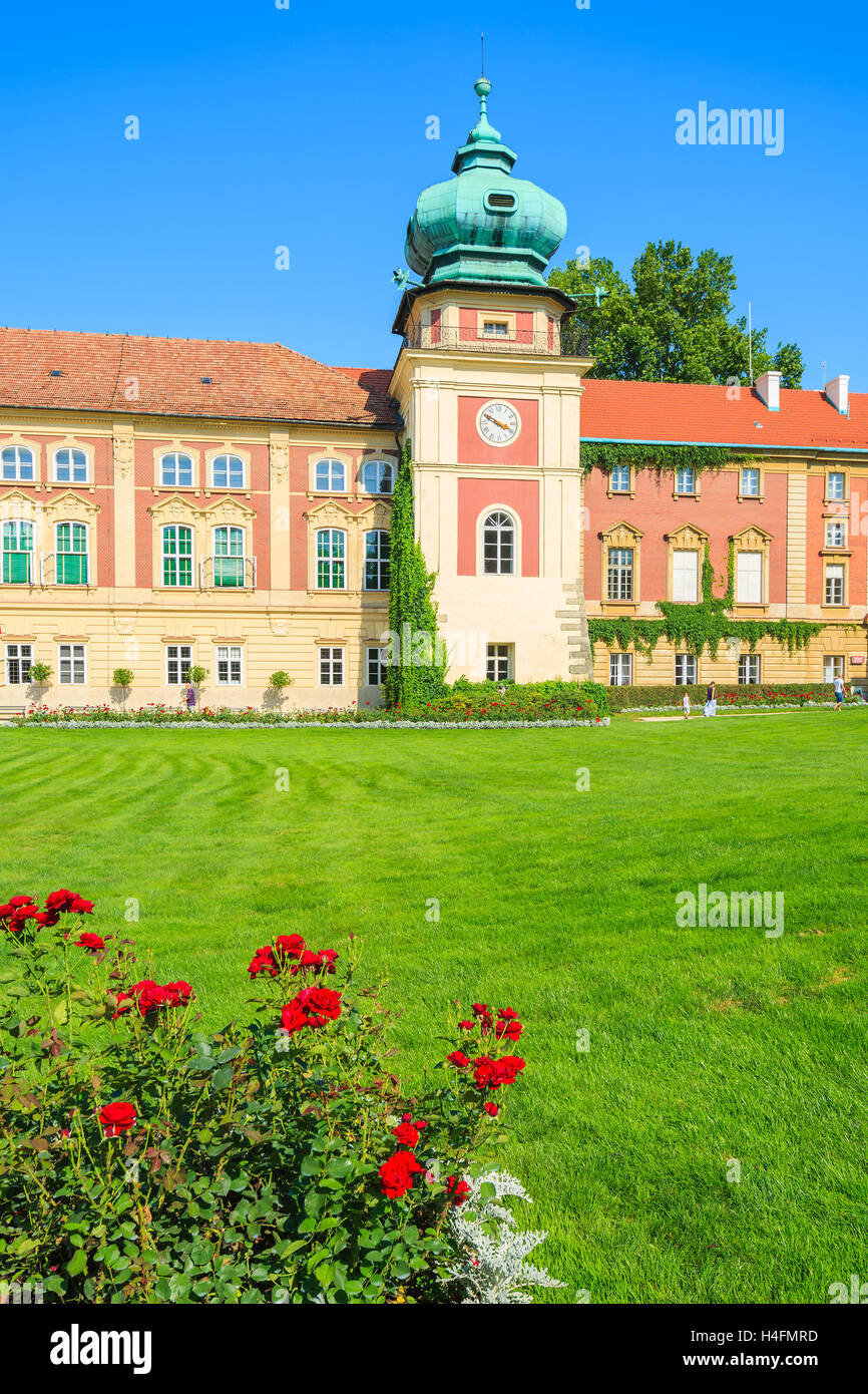 Red roses in gardens of beautiful Lancut castle on sunny summer day ...