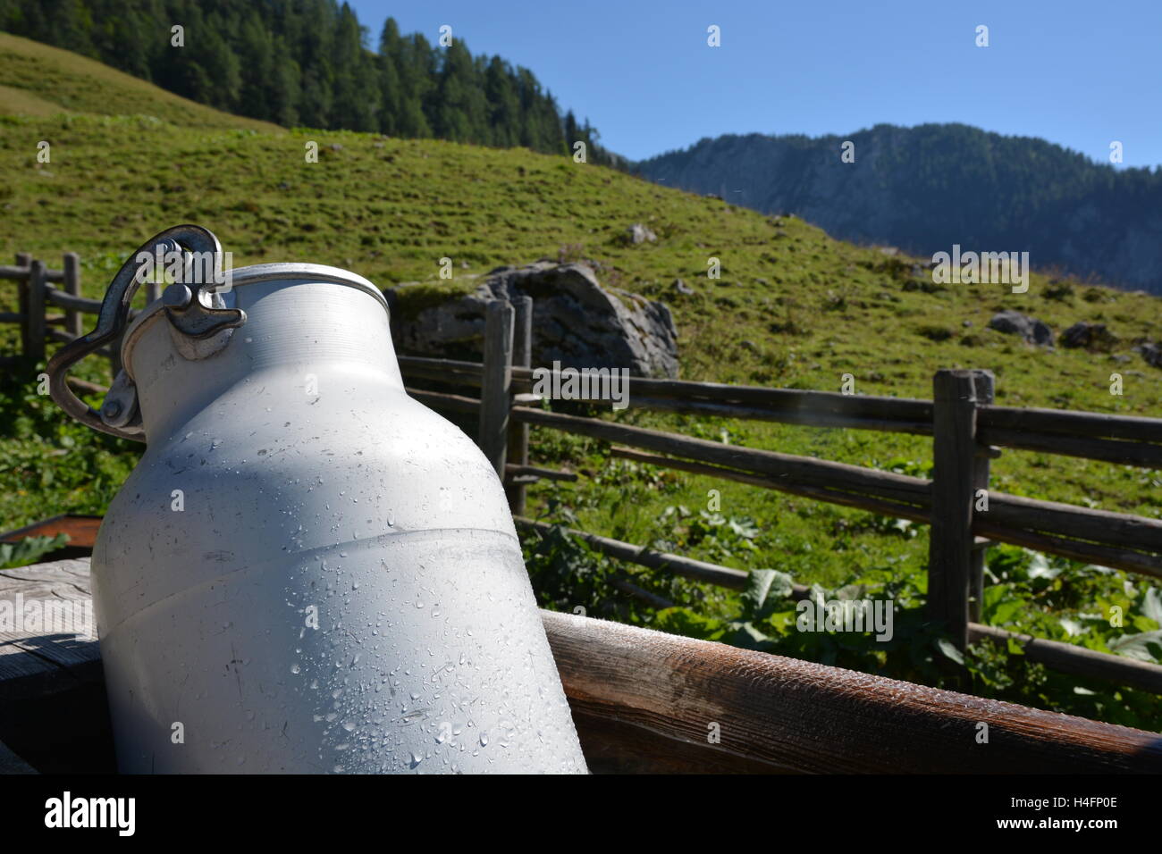Berchtesgaden, Germany - August 26, 2016 - Milk can in front of ...