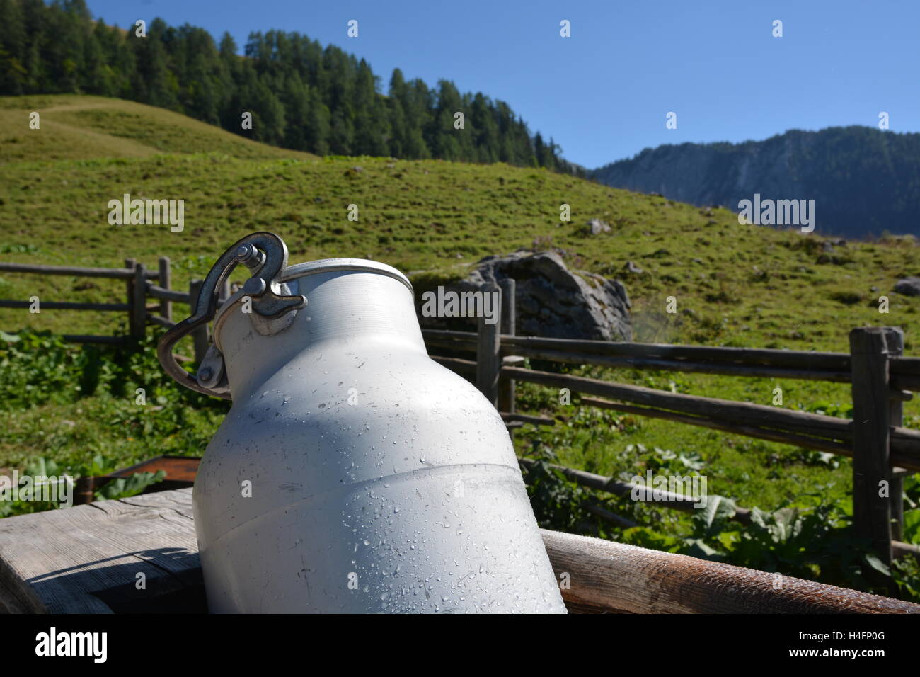 Berchtesgaden, Germany - August 26, 2016 - Milk can in front of ...