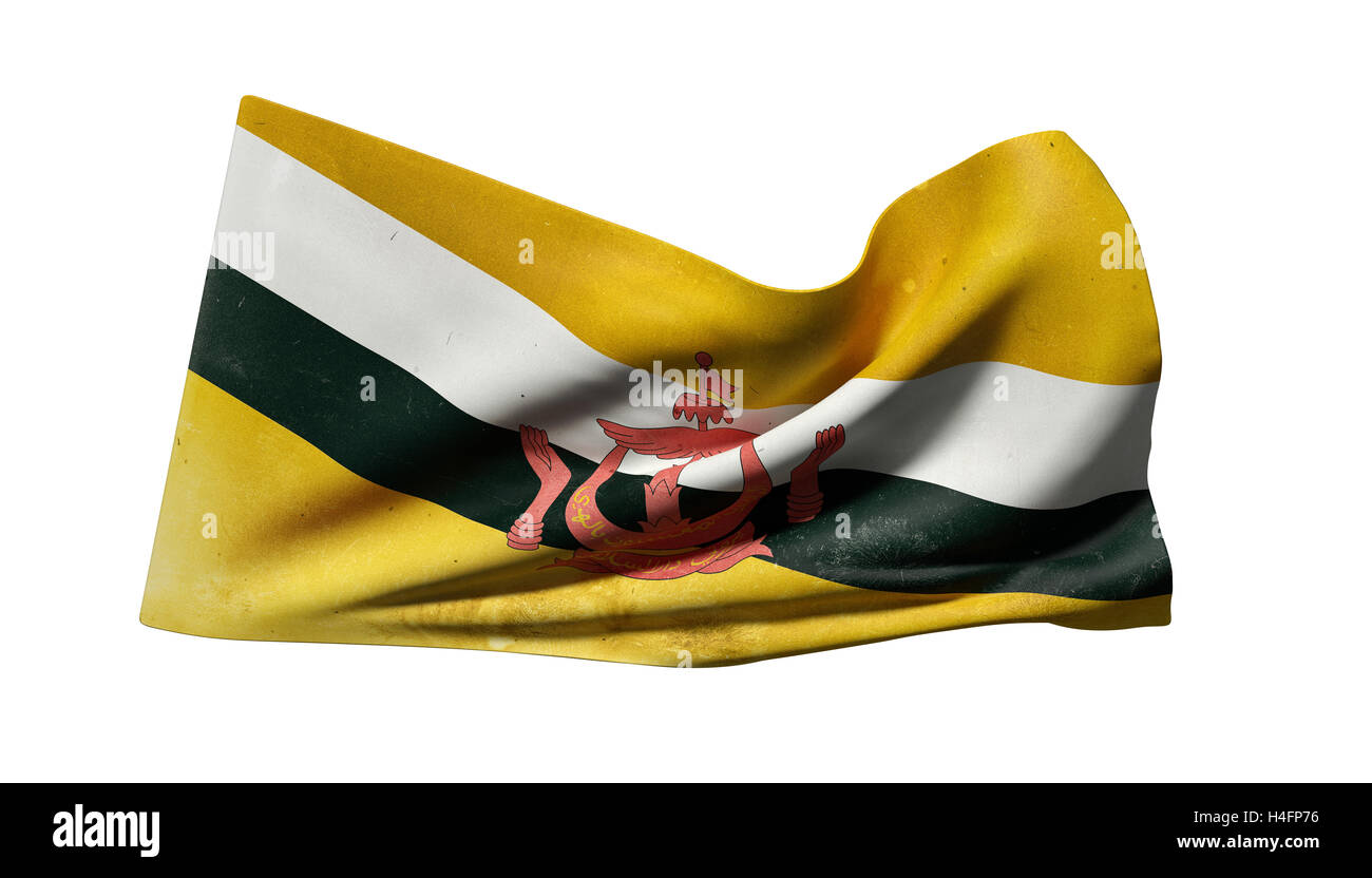 3d rendering of an old Nation of Brunei flag waving on white background ...