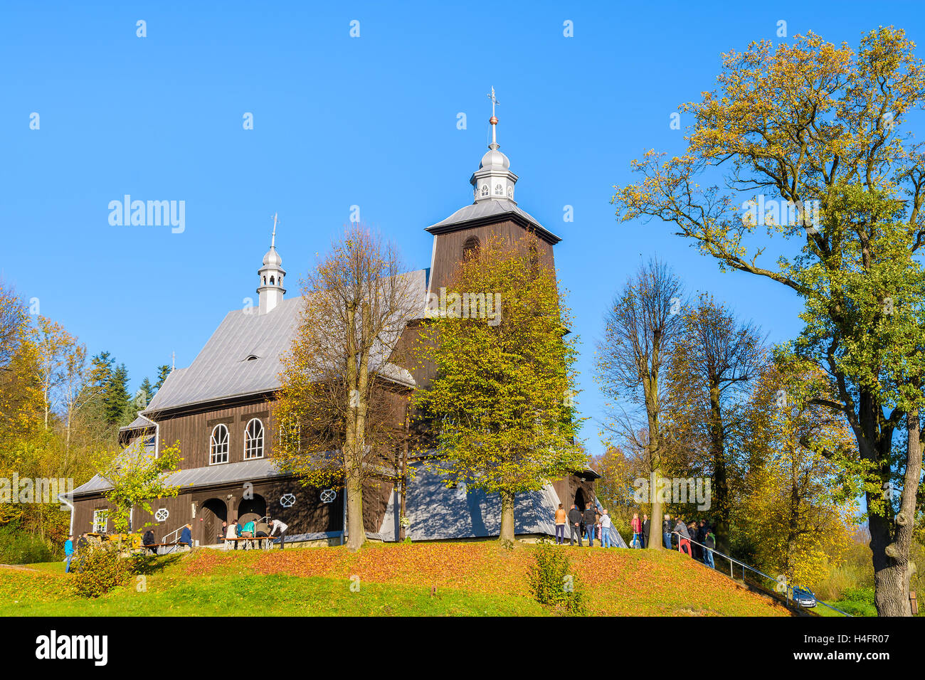 Old wooden orthodox catholic church near Grybow village in autumn ...