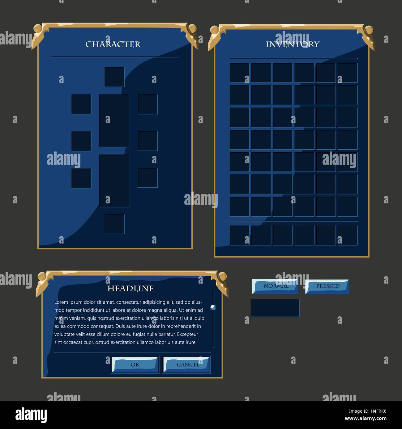 Set of fantasy vector interface elements. Buttons, popup windows and ...