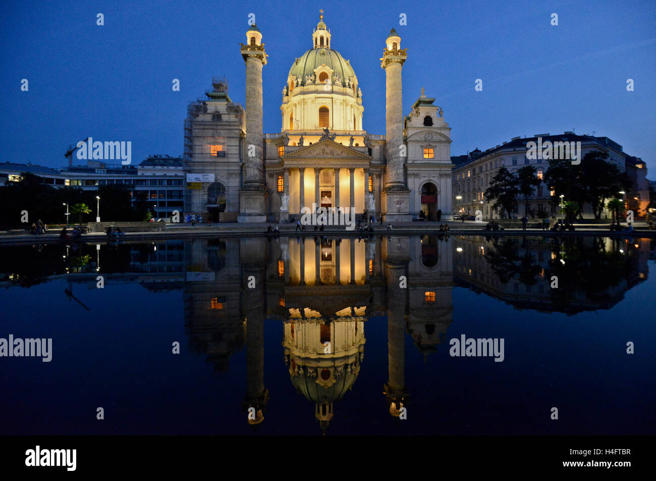 Karlsplatz, Vienna, Austria. View of Karlskirche church and fountain ...