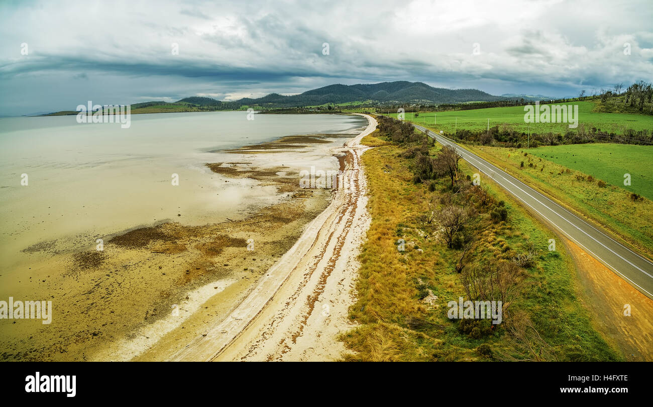 Aerial view of Dunalley Bay and farmland. Dunalley Tasmania, Australia ...