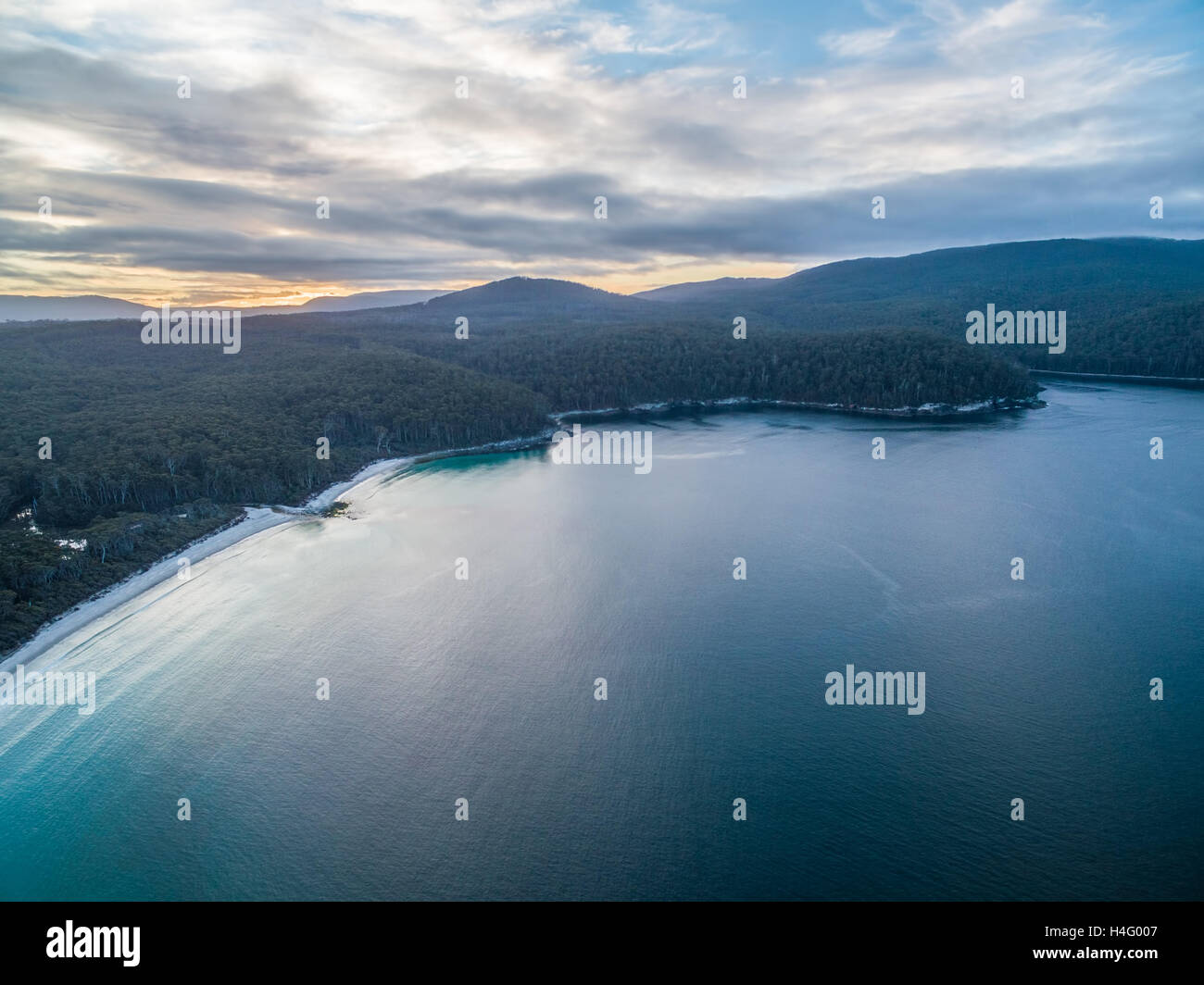 Aerial view of Fortescue Bay at sunset. Tasman National Park, Tasmania ...