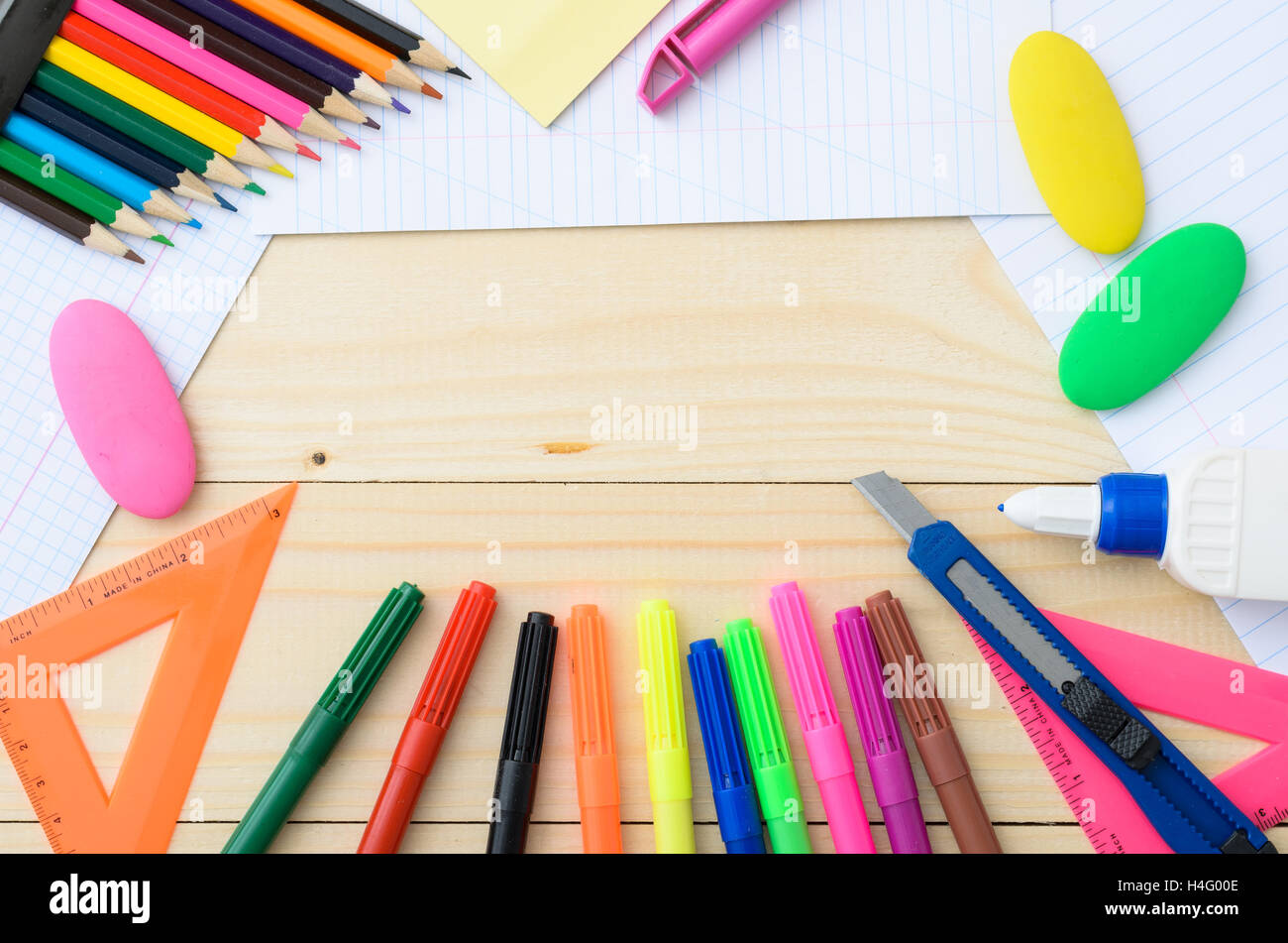 School and office supplies frame Stock Photo - Alamy
