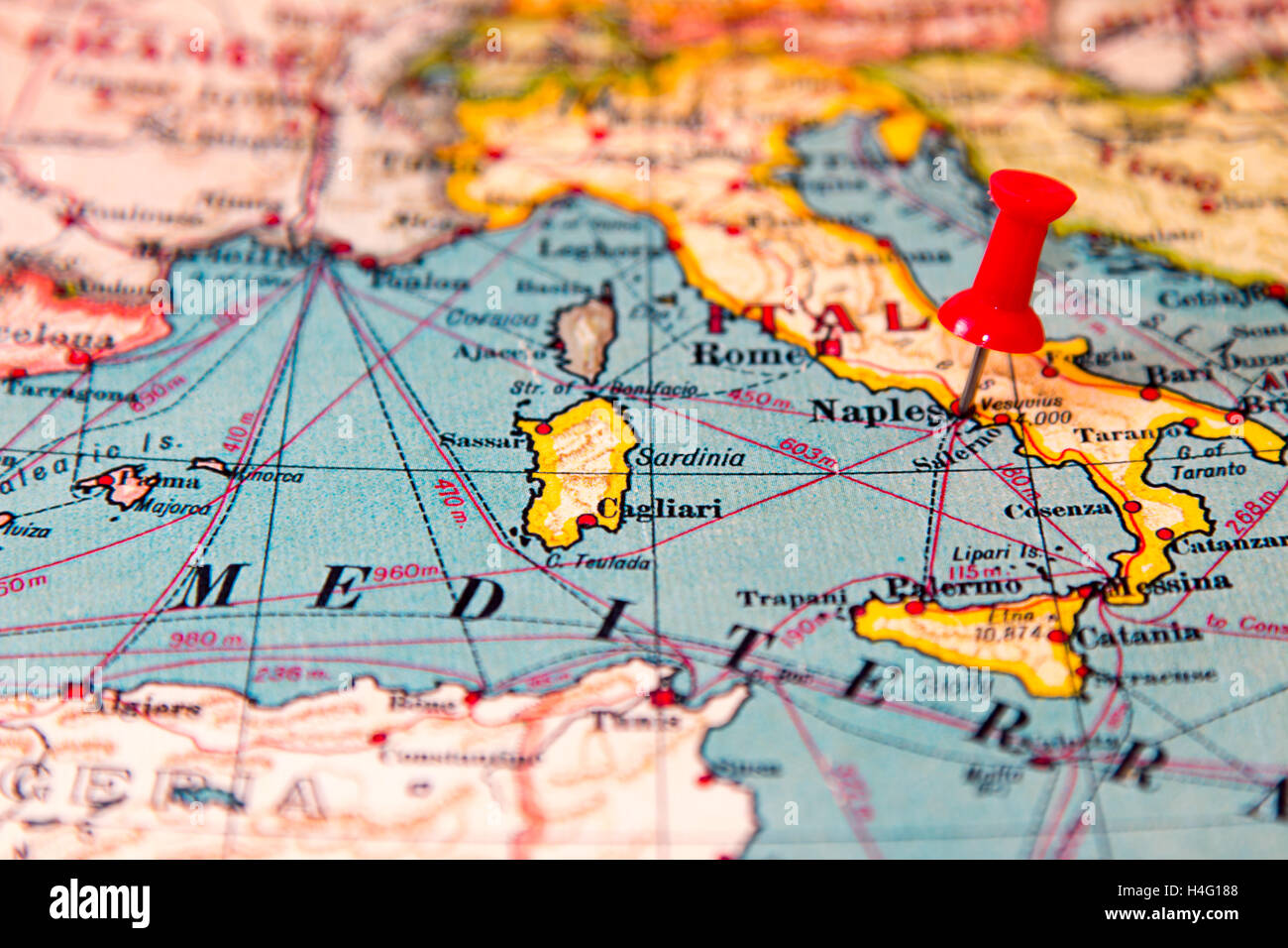 Naples, Italy pinned on vintage map of Europe Stock Photo - Alamy