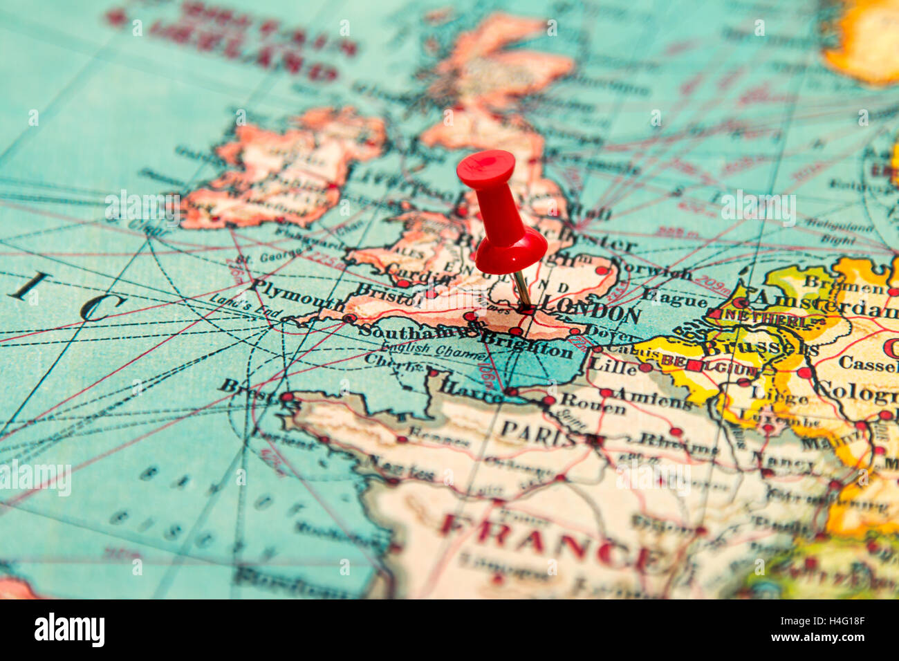London, Britain, U.K. pinned on vintage map of Europe Stock Photo - Alamy