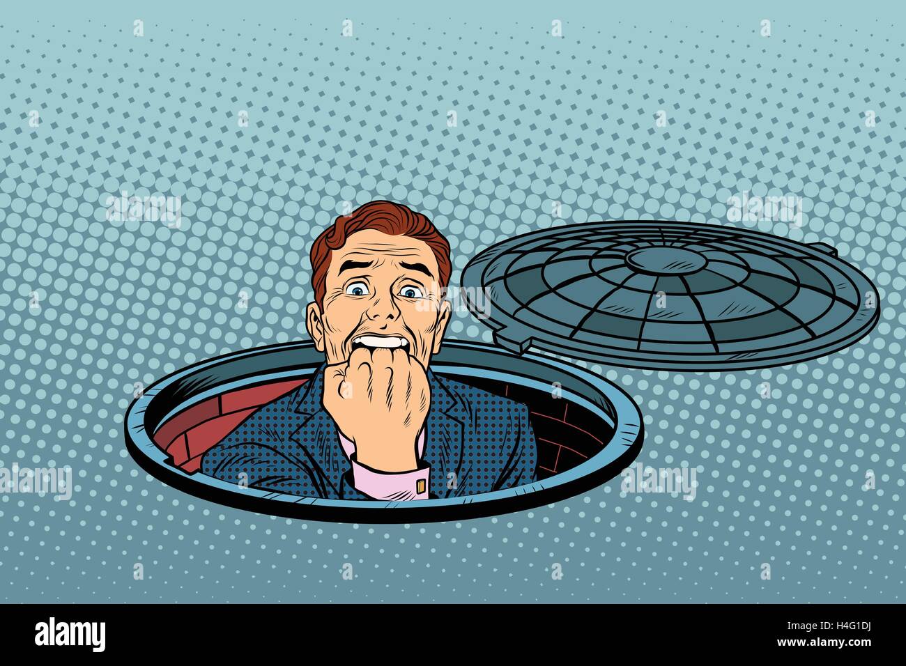 scared retro man in the manhole Stock Vector Image & Art - Alamy
