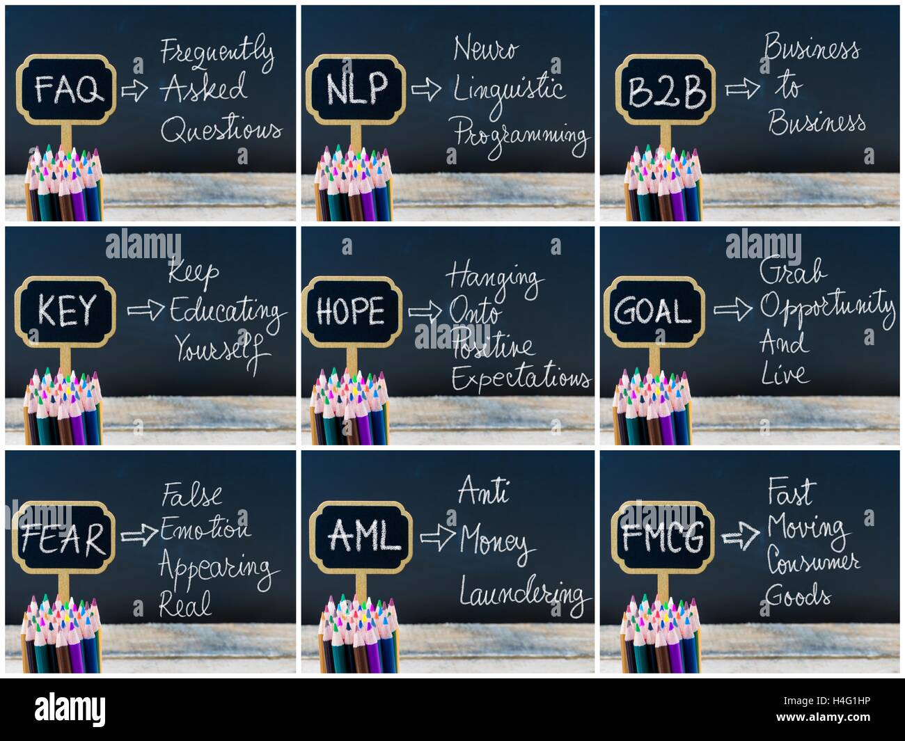 Photo collage of business acronyms written with chalk on wooden mini ...