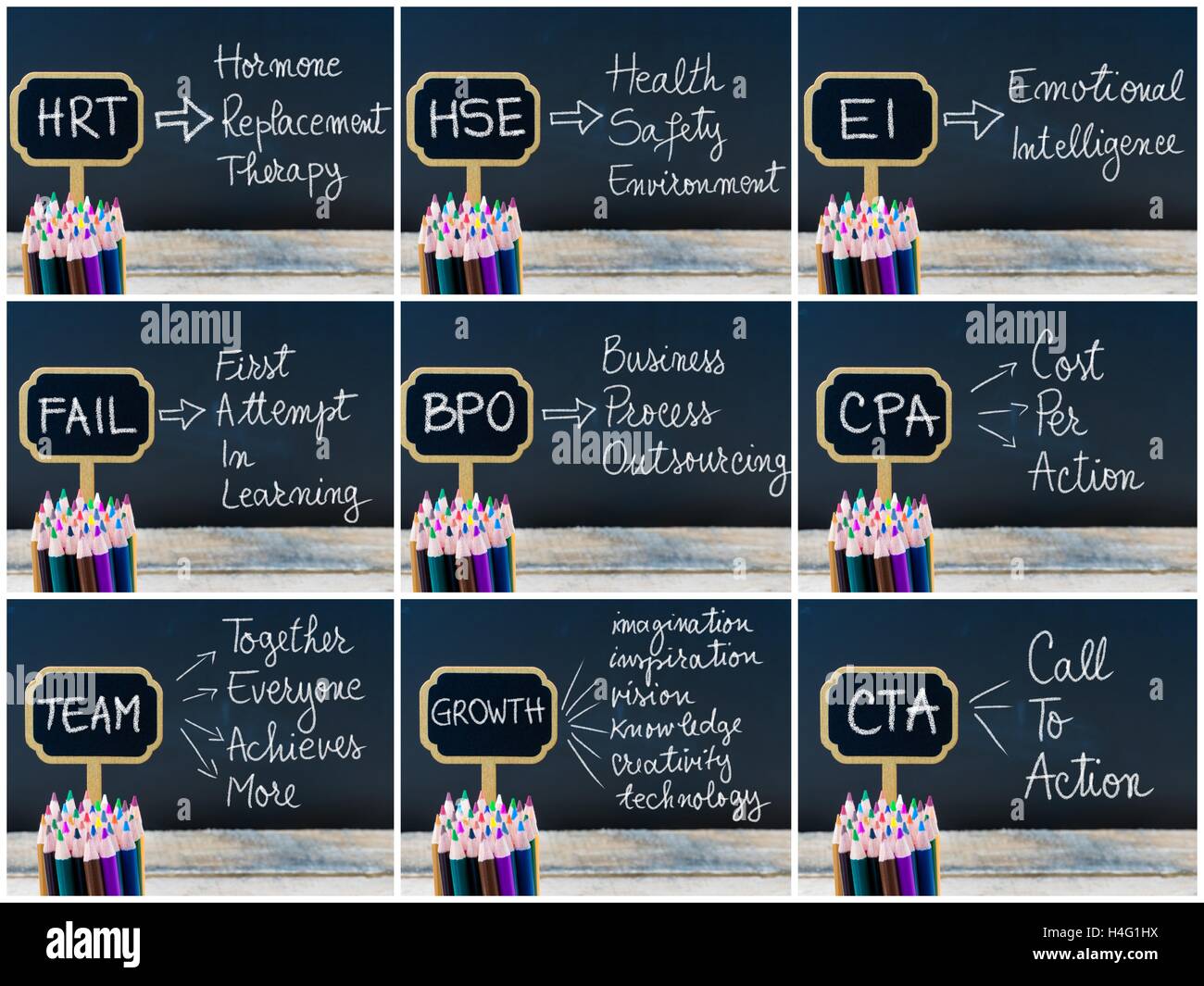 Photo collage of business acronyms written with chalk on wooden mini ...